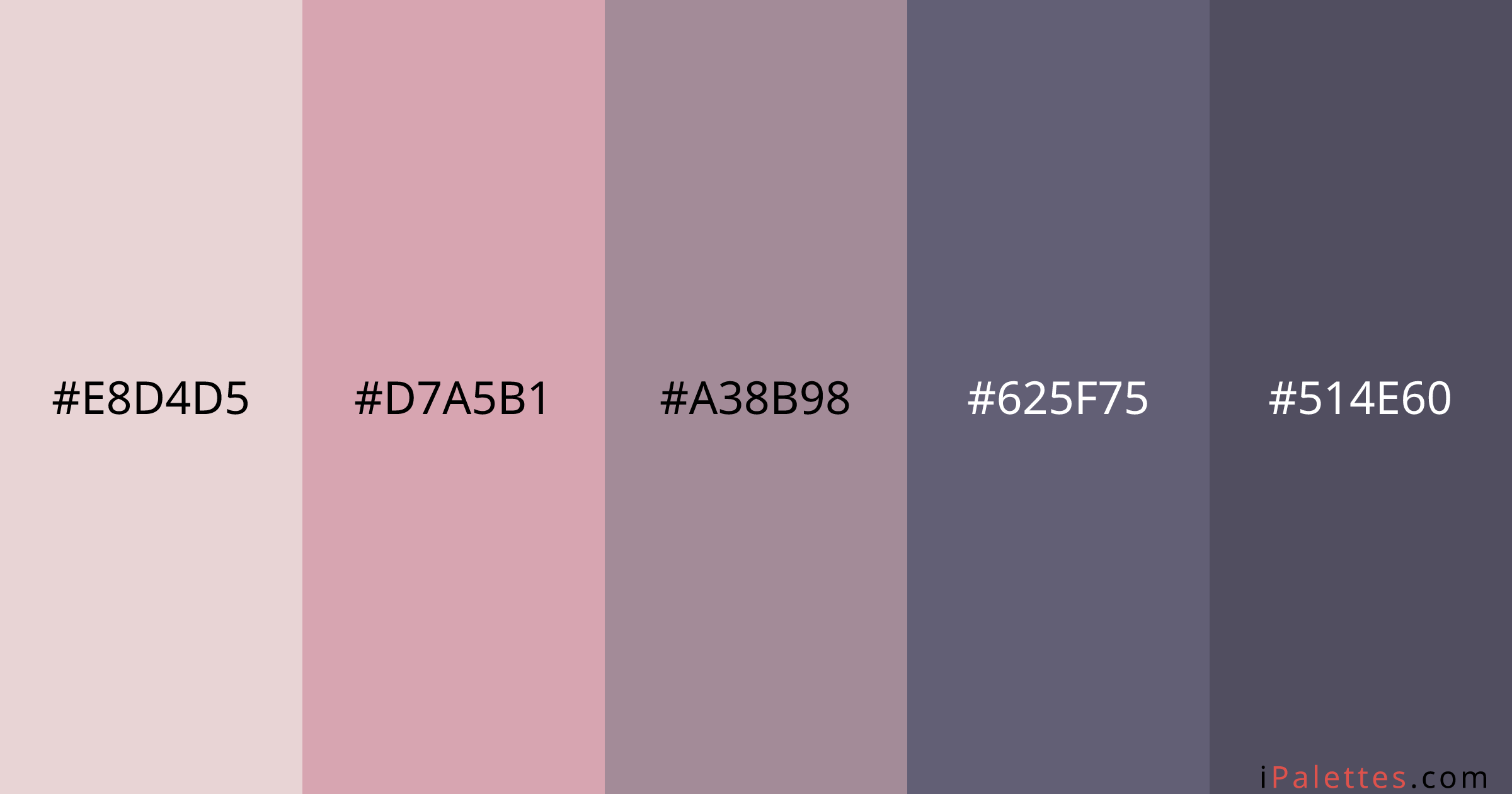 February Color Palette and colors #E8D4D5 #D7A5B1 #A38B98 #625F75 ...