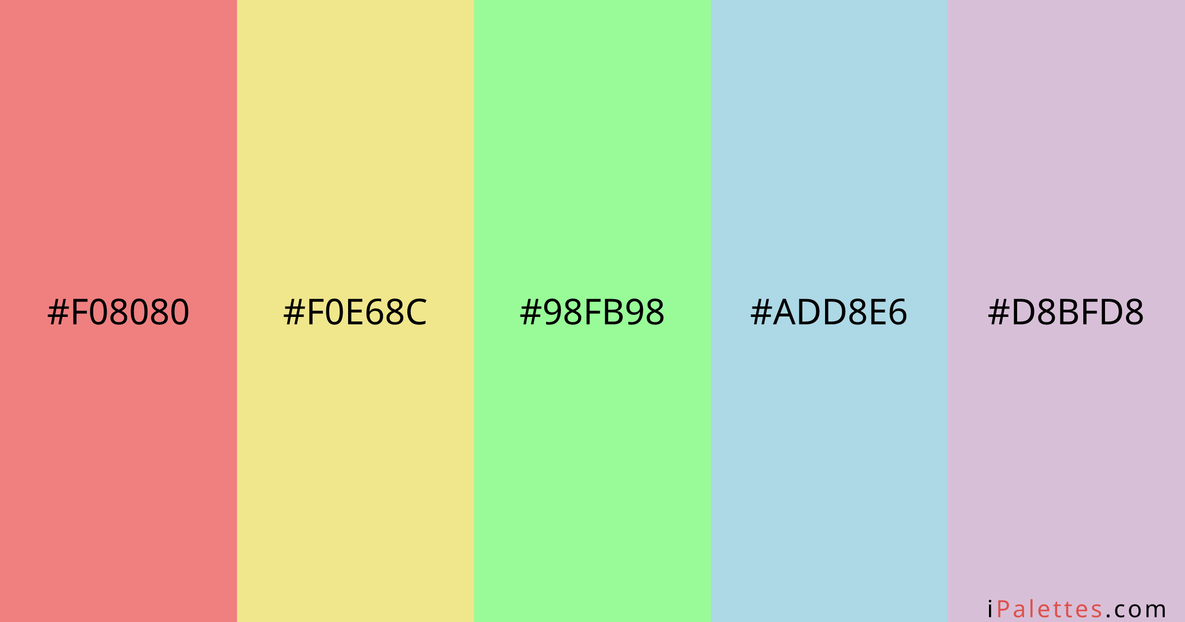 Muted rainbow Color Palette and colors #F08080 #F0E68C #98FB98 #ADD8E6 ...