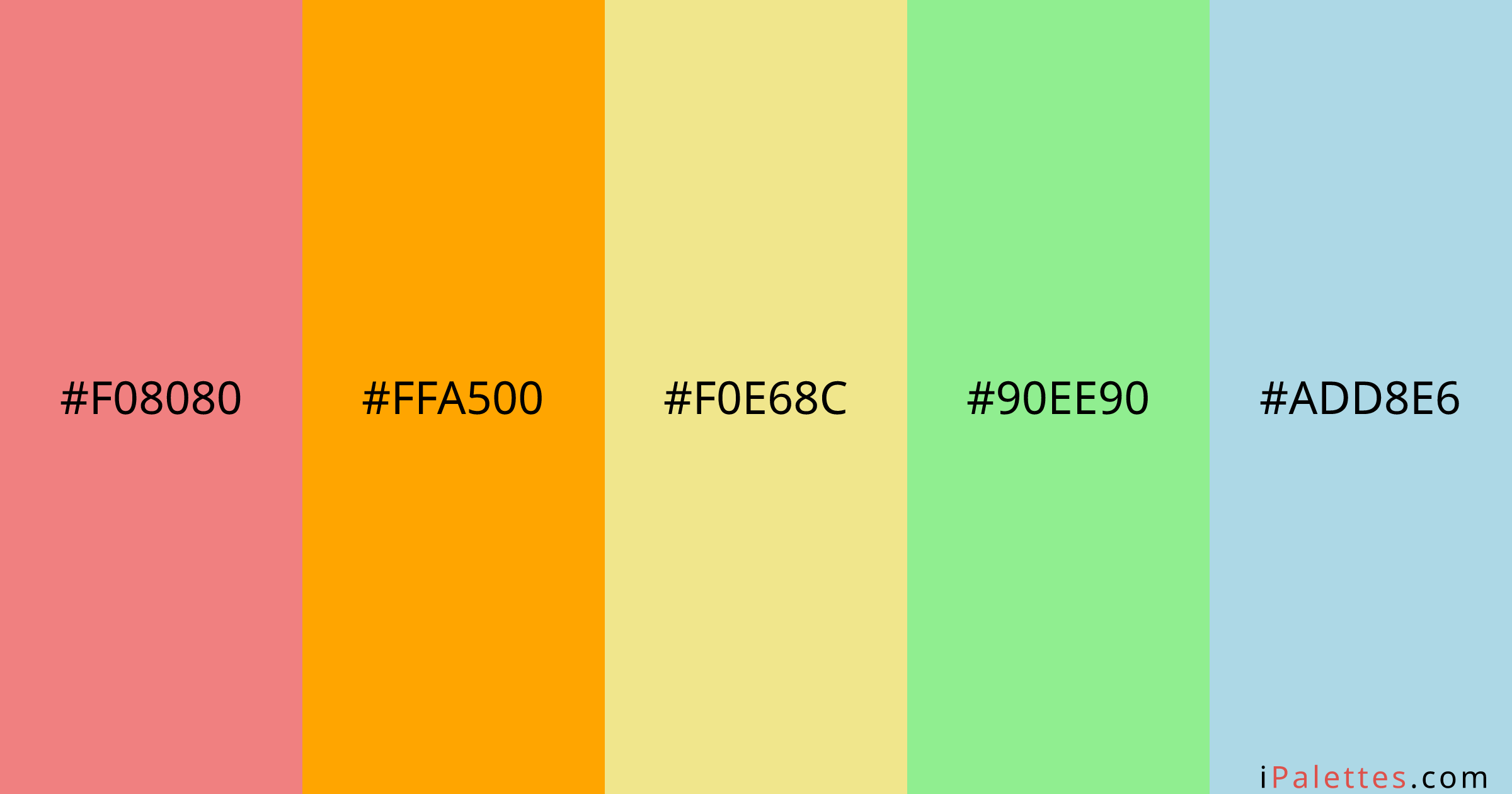 Retro Color Palette and colors #F08080 #FFA500 #F0E68C #90EE90 #ADD8E6 ...