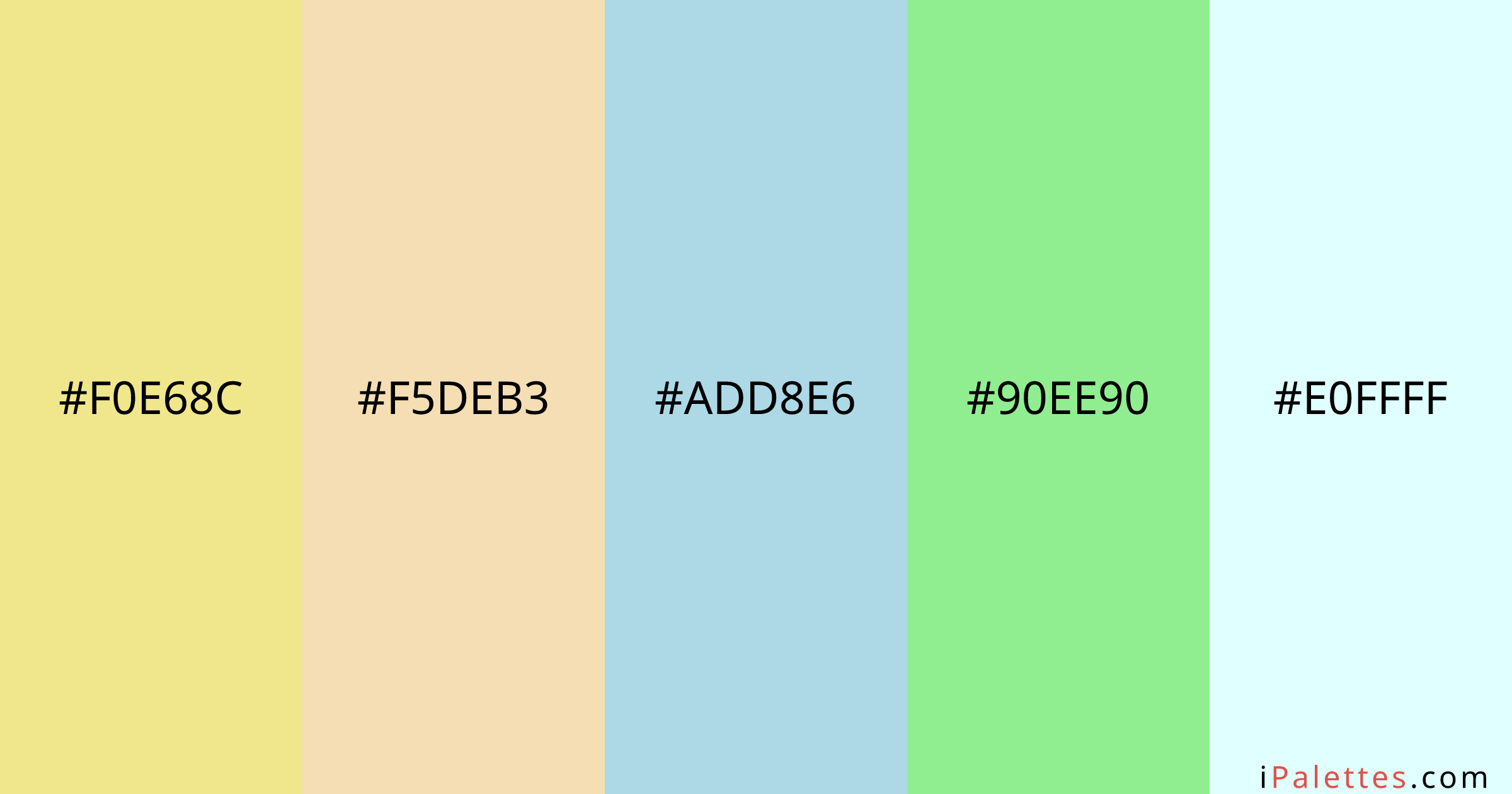 Beach Color Palette and colors #F0E68C #F5DEB3 #ADD8E6 #90EE90 #E0FFFF ...