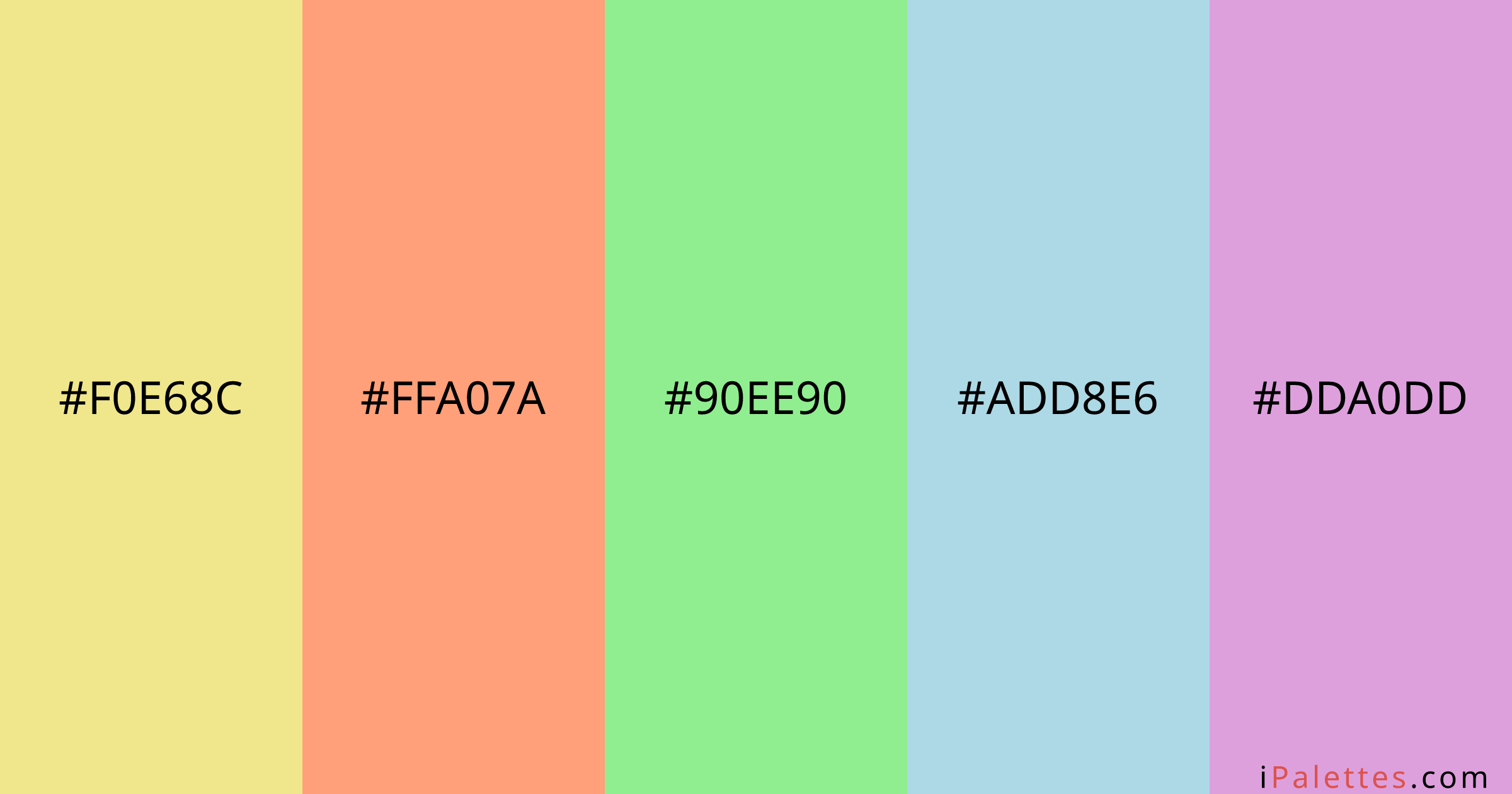 Muted Rainbow Color Palette and colors #F0E68C #FFA07A #90EE90 #ADD8E6 ...