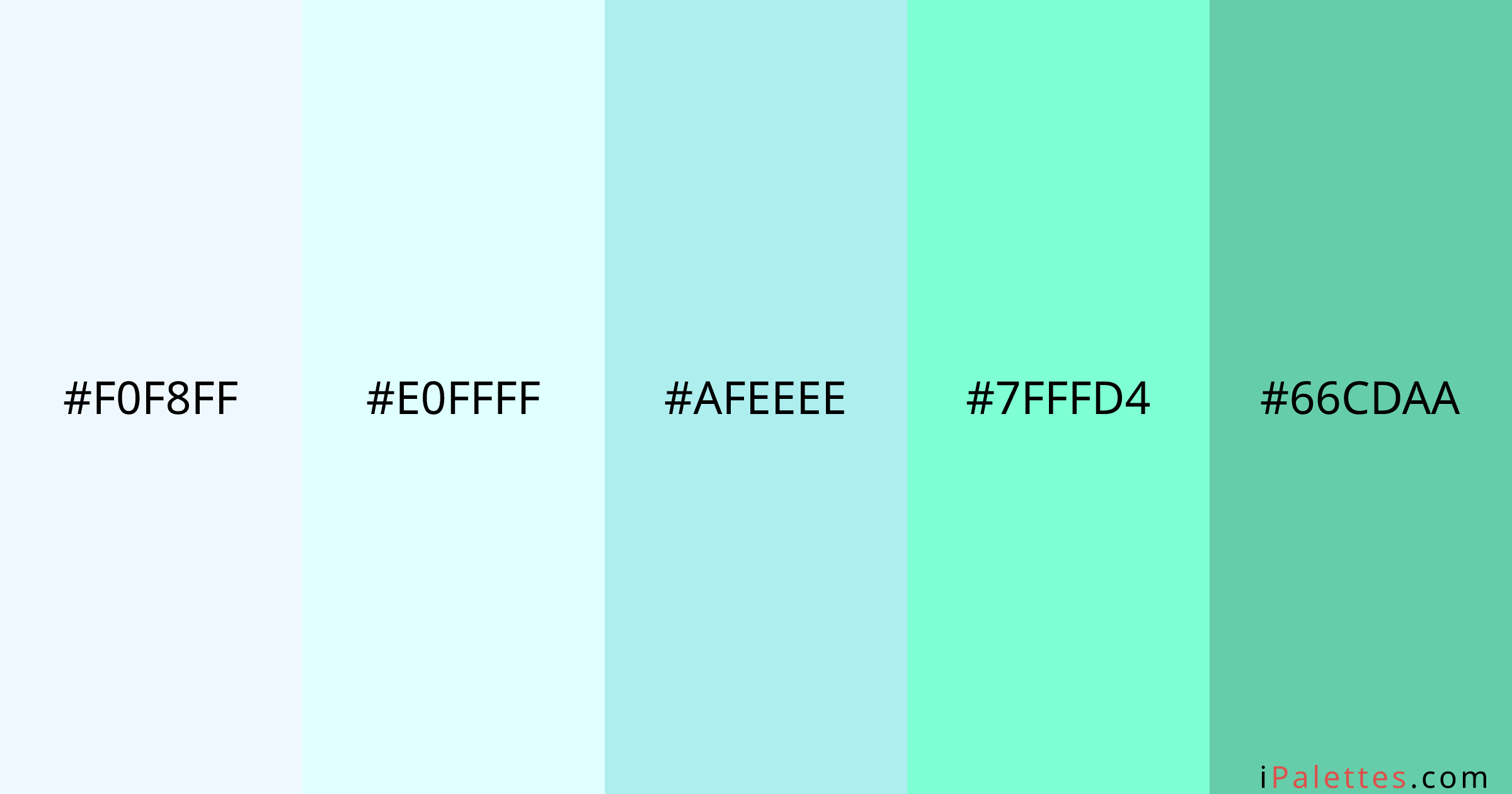 Spring Color Palette and colors #F0F8FF #E0FFFF #AFEEEE #7FFFD4 #66CDAA ...