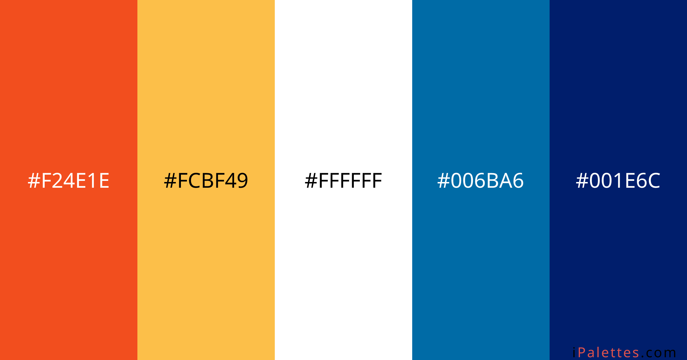 Retro Color Palette and colors #F24E1E #FCBF49 #FFFFFF #006BA6 #001E6C ...