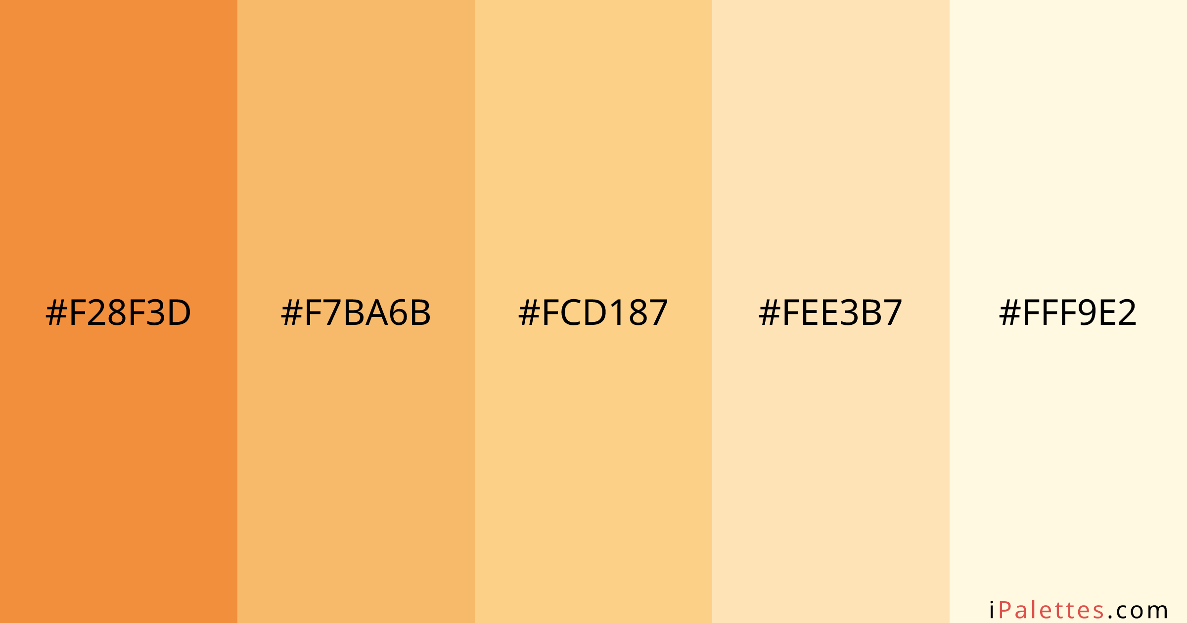 Sunset Color Palette and colors #F28F3D #F7BA6B #FCD187 #FEE3B7 #FFF9E2 ...