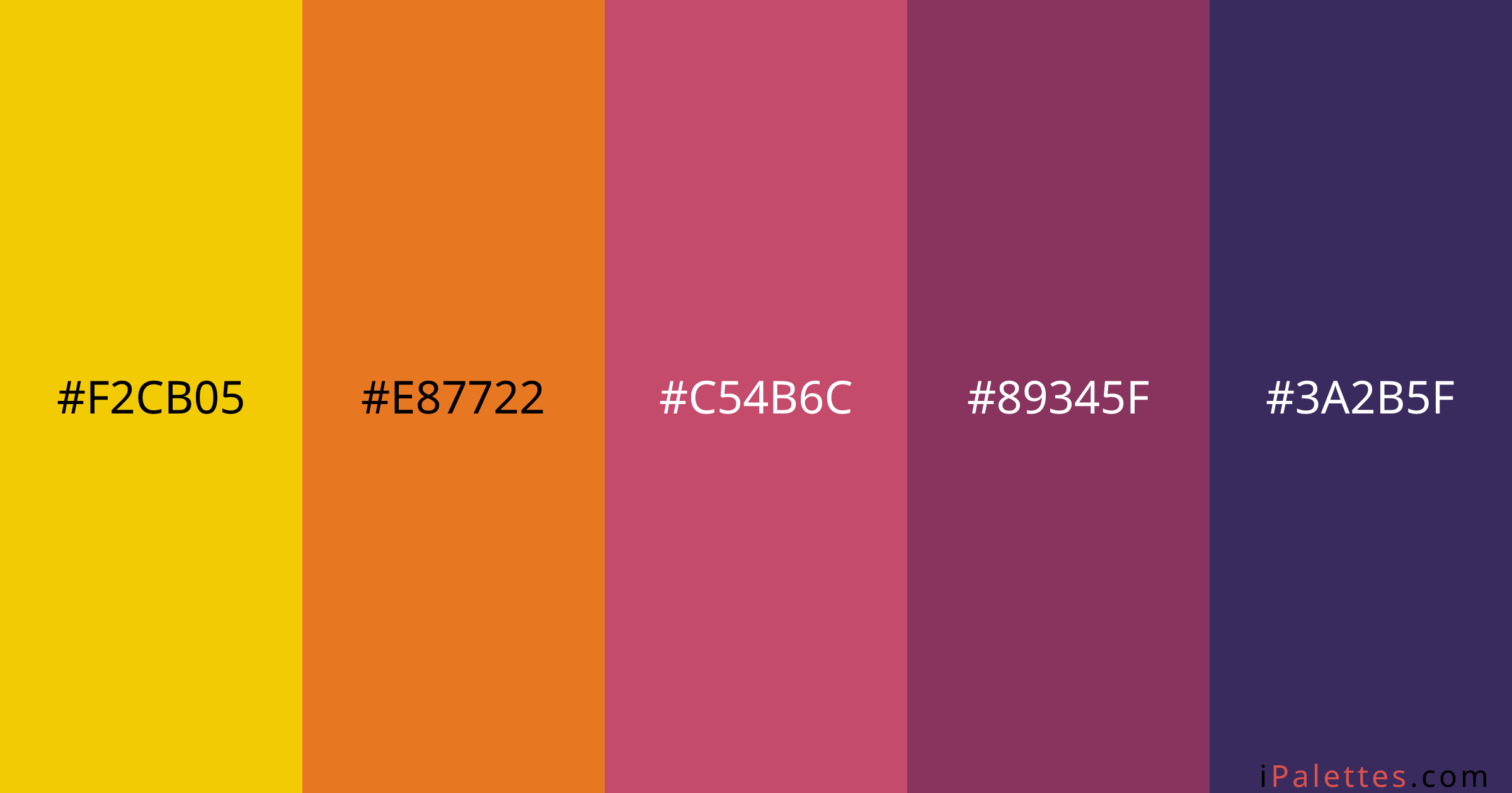 Retro Color Palette and colors #F2CB05 #E87722 #C54B6C #89345F #3A2B5F ...