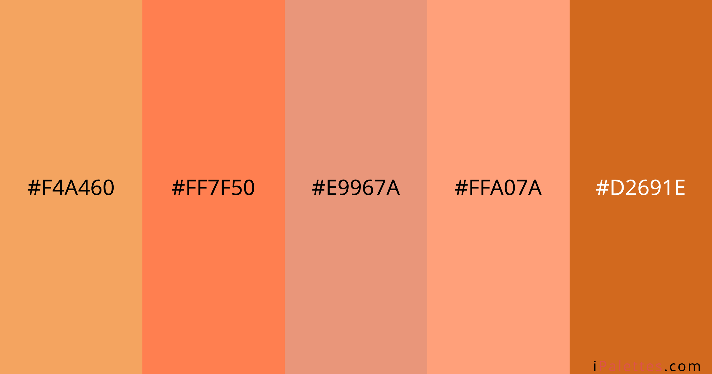 Sunset Color Palette and colors #F4A460 #FF7F50 #E9967A #FFA07A #D2691E ...