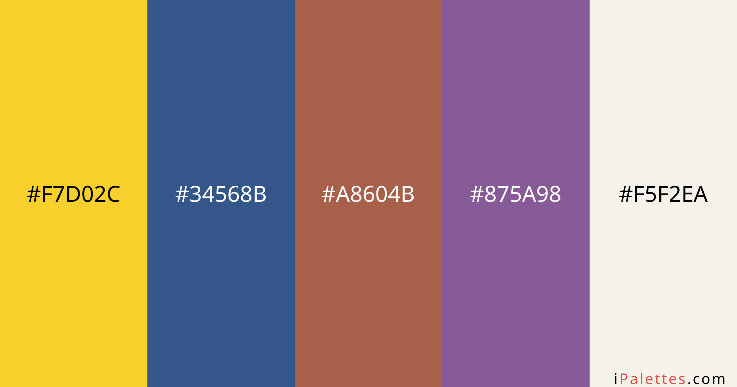 Wes anderson Color Palette and colors #F7D02C #34568B #A8604B #875A98 # ...