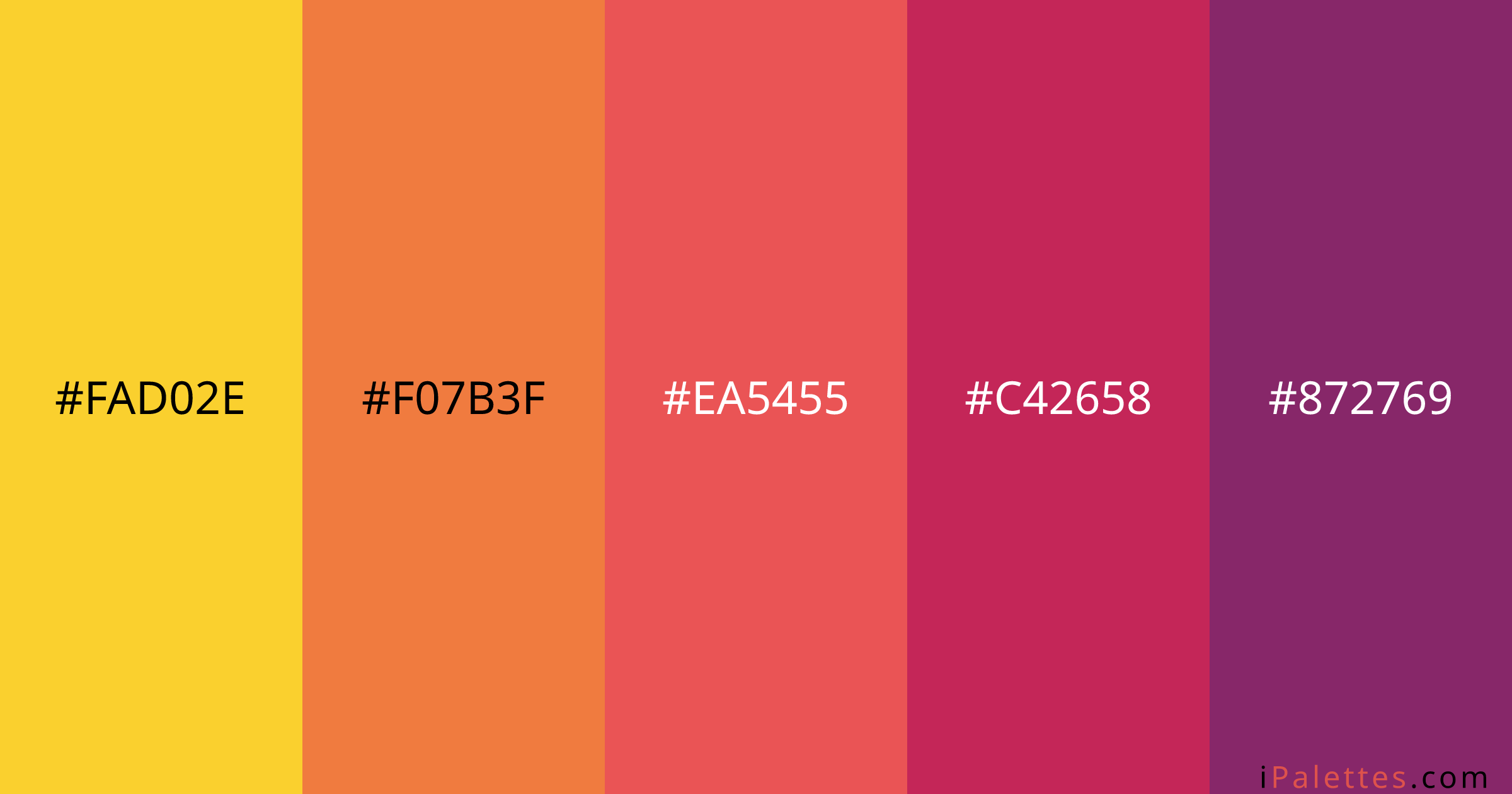 Sunset Color Palette and colors #FAD02E #F07B3F #EA5455 #C42658 #872769 ...