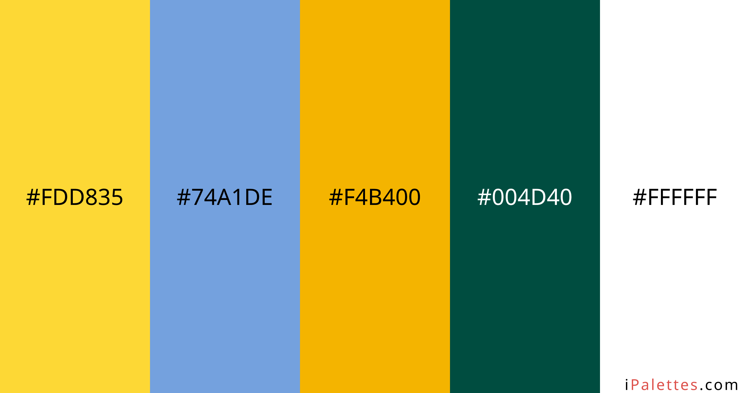Mamma mia Color Palette and colors #FDD835 #74A1DE #F4B400 #004D40 # ...