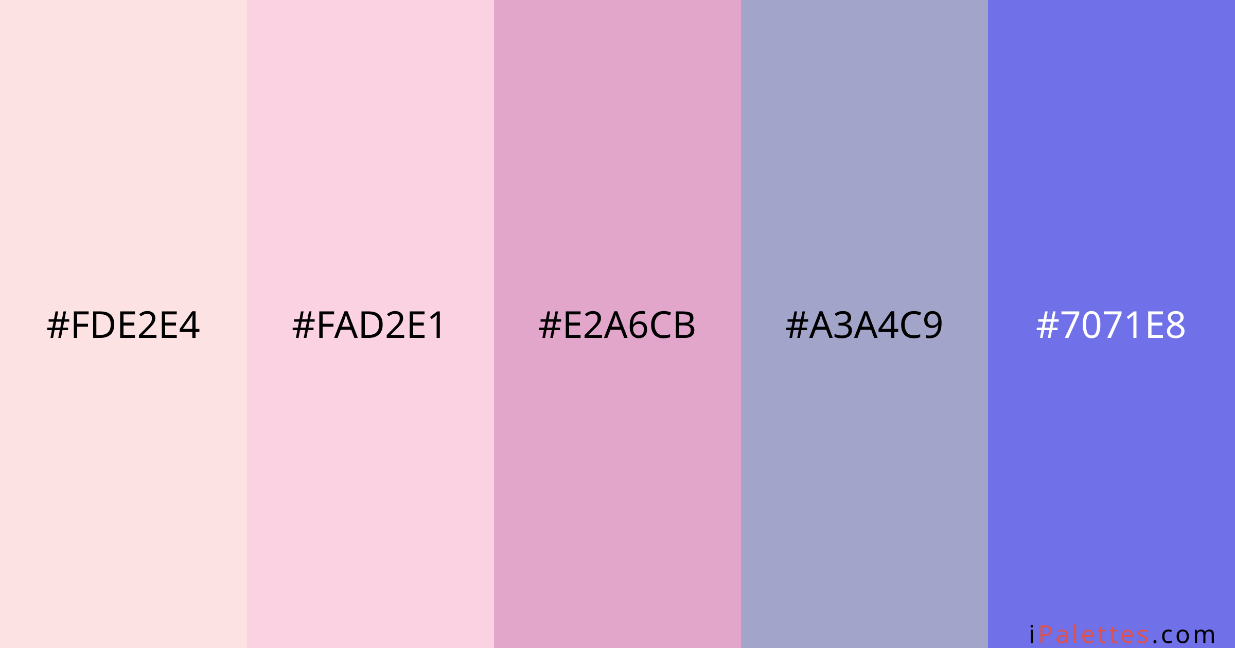 Sakura Color Palette and colors #FDE2E4 #FAD2E1 #E2A6CB #A3A4C9 #7071E8 ...