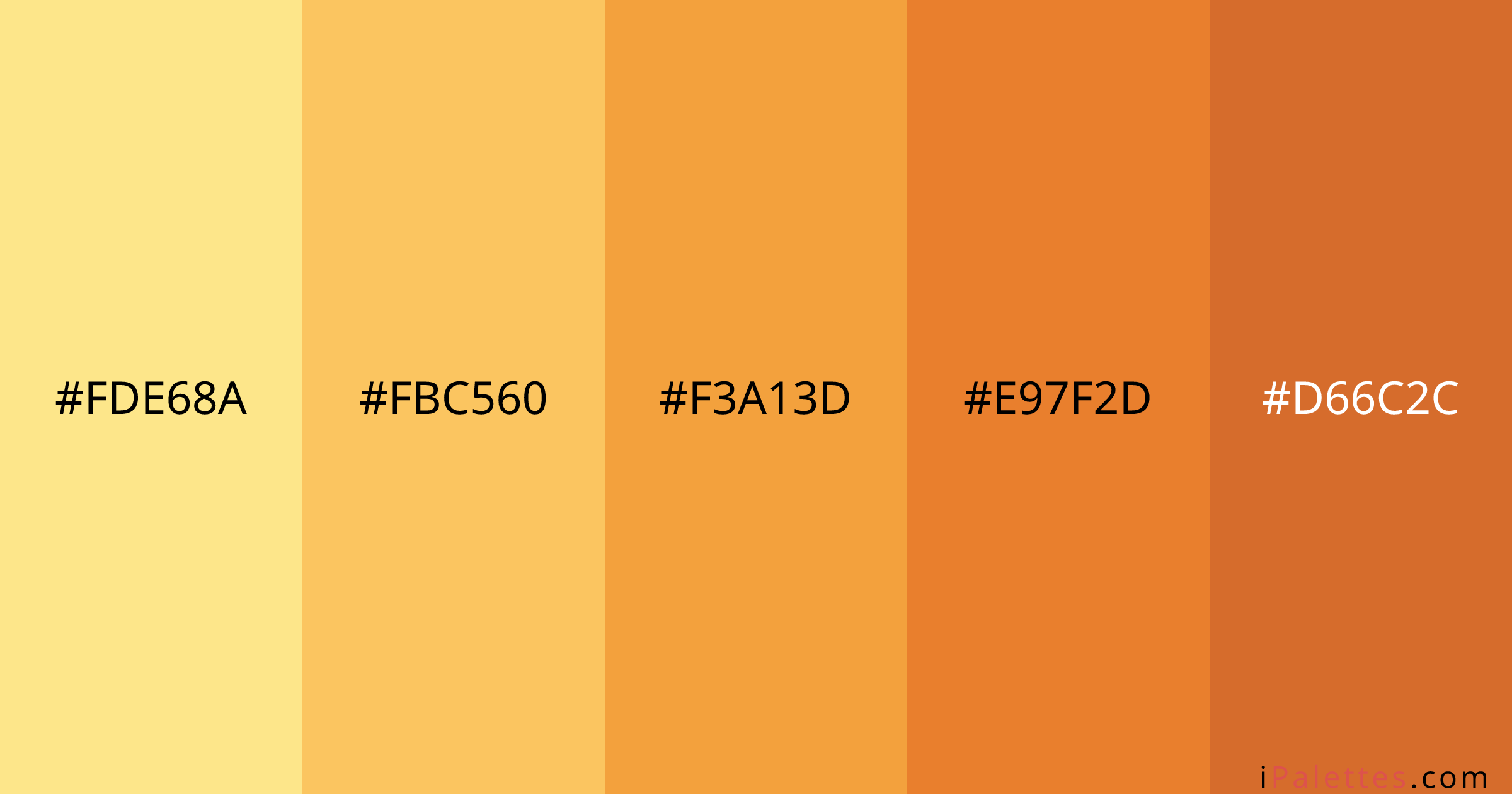 Golden Hour Color Palette and colors #FDE68A #FBC560 #F3A13D #E97F2D # ...