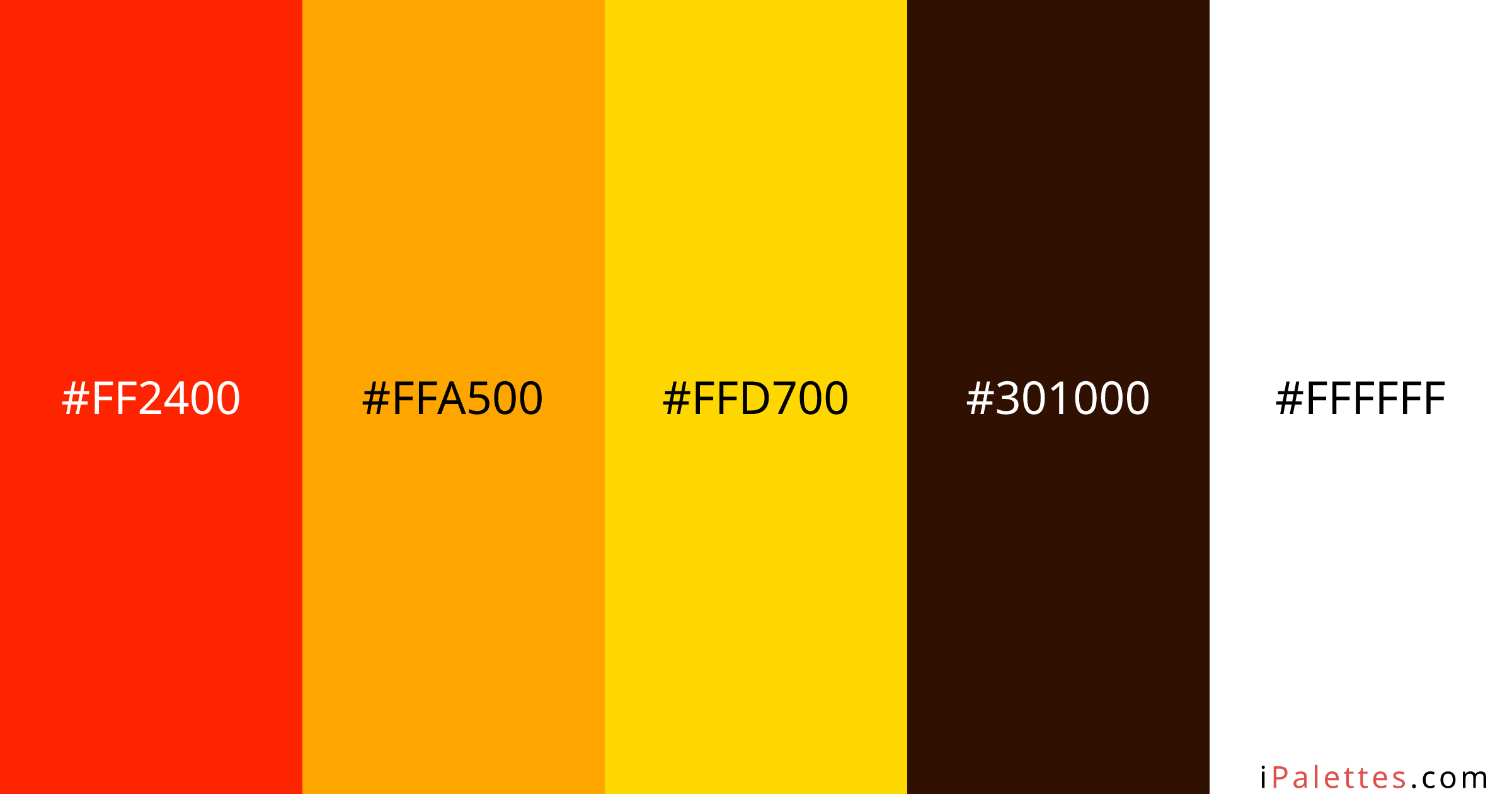 Suzaku Color Palette and colors #FF2400 #FFA500 #FFD700 #301000 #FFFFFF ...