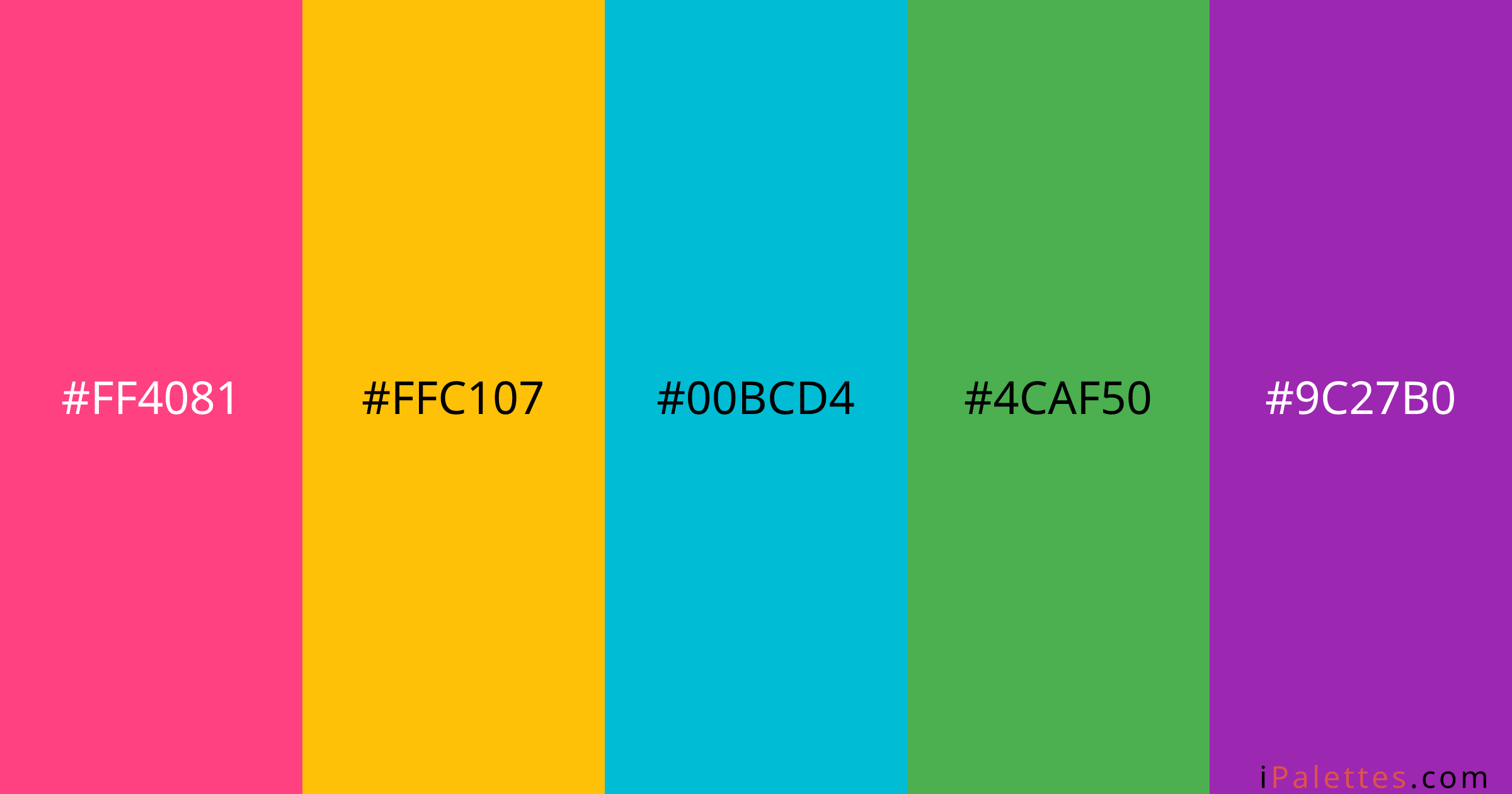 Supa Color Palette and colors #FF4081 #FFC107 #00BCD4 #4CAF50 #9C27B0 ...