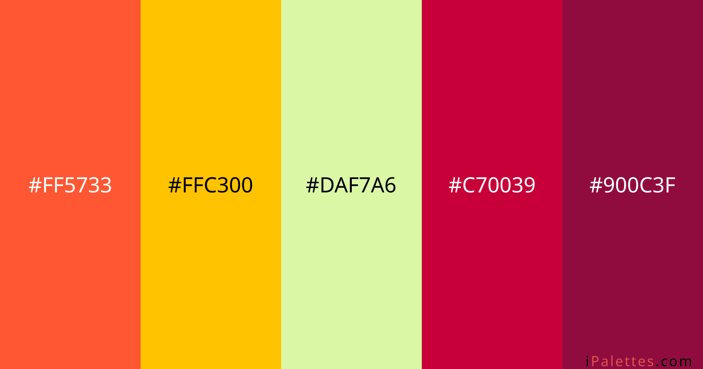 70s Color Palette and colors #FF5733 #FFC300 #DAF7A6 #C70039 #900C3F ...