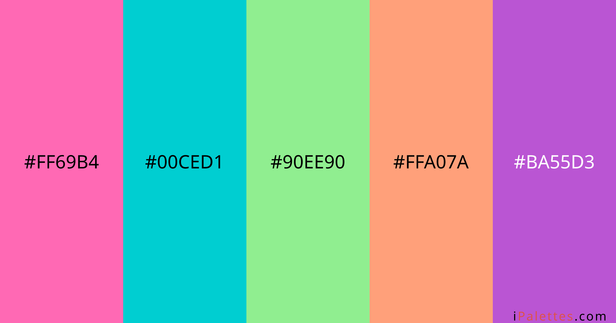 90s Color Color Palette and colors #FF69B4 #00CED1 #90EE90 #FFA07A # ...