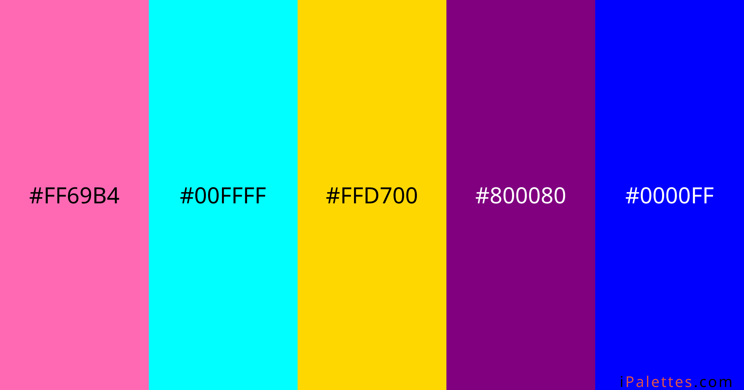 1989 Color Palette and colors #FF69B4 #00FFFF #FFD700 #800080 #0000FF ...
