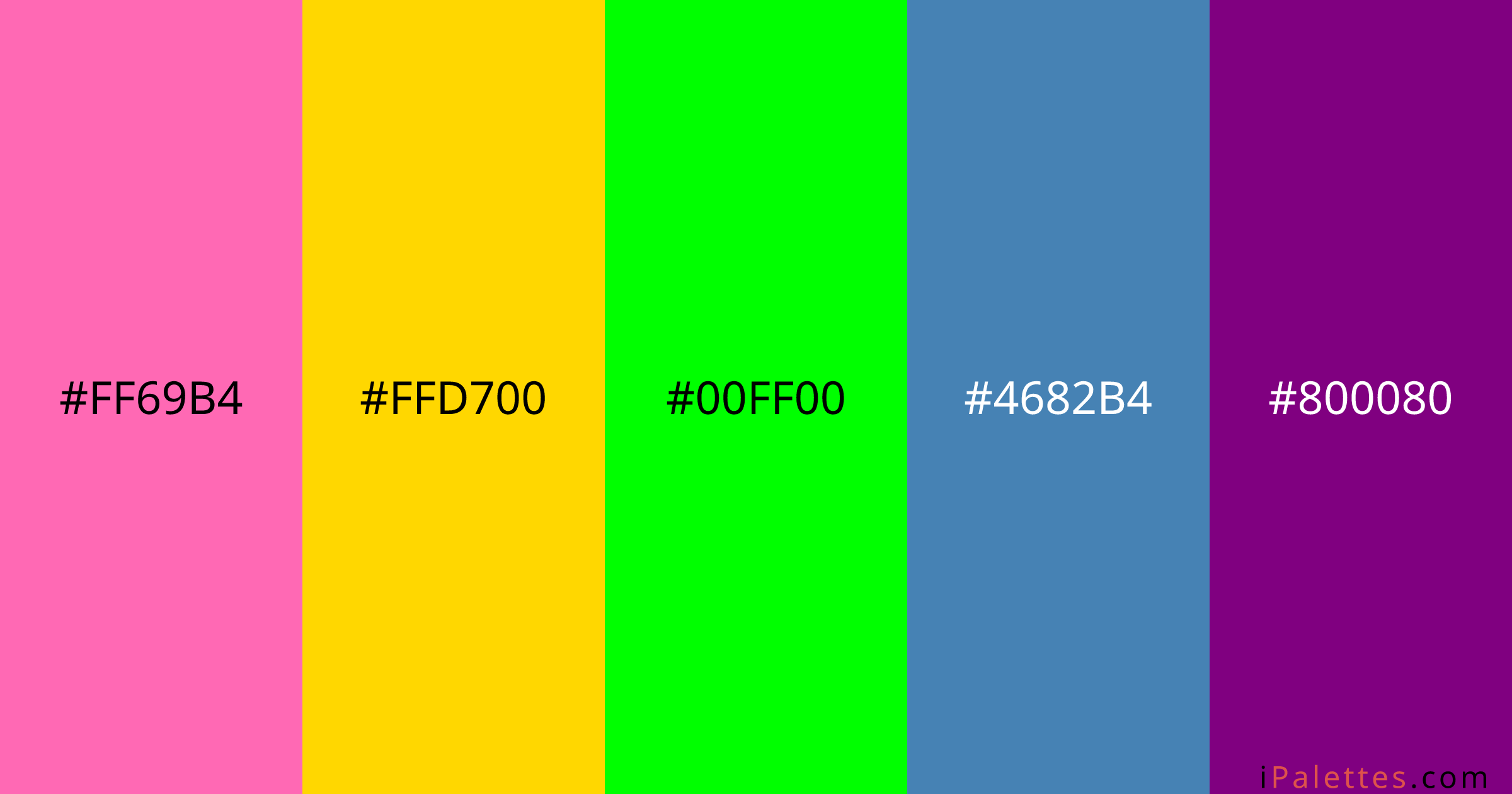 Groovy Color Palette and colors #FF69B4 #FFD700 #00FF00 #4682B4 #800080 ...