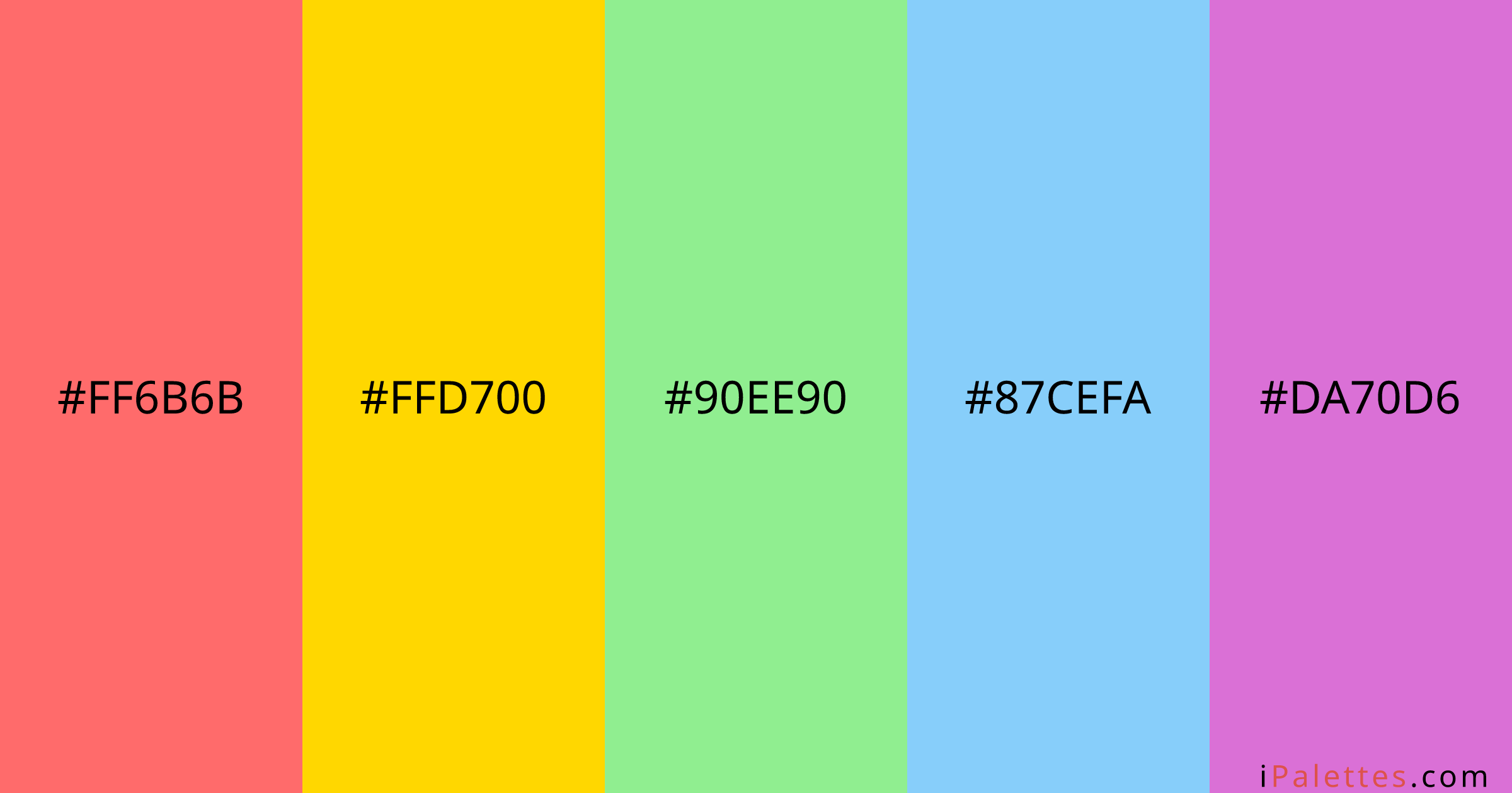 Parade Color Palette and colors #FF6B6B #FFD700 #90EE90 #87CEFA #DA70D6 ...