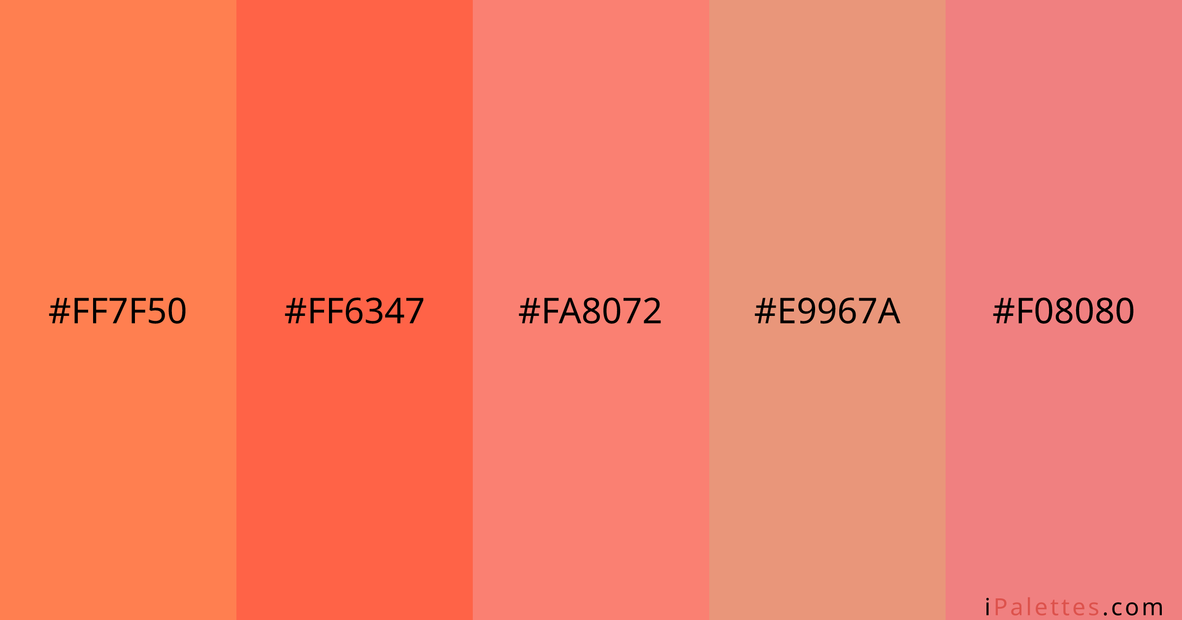 Coral Color Palette and colors #FF7F50 #FF6347 #FA8072 #E9967A #F08080 ...