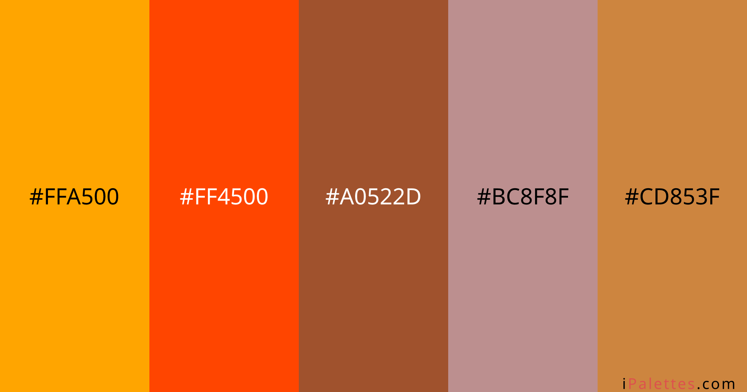Fox Color Palette and colors #FFA500 #FF4500 #A0522D #BC8F8F #CD853F ...