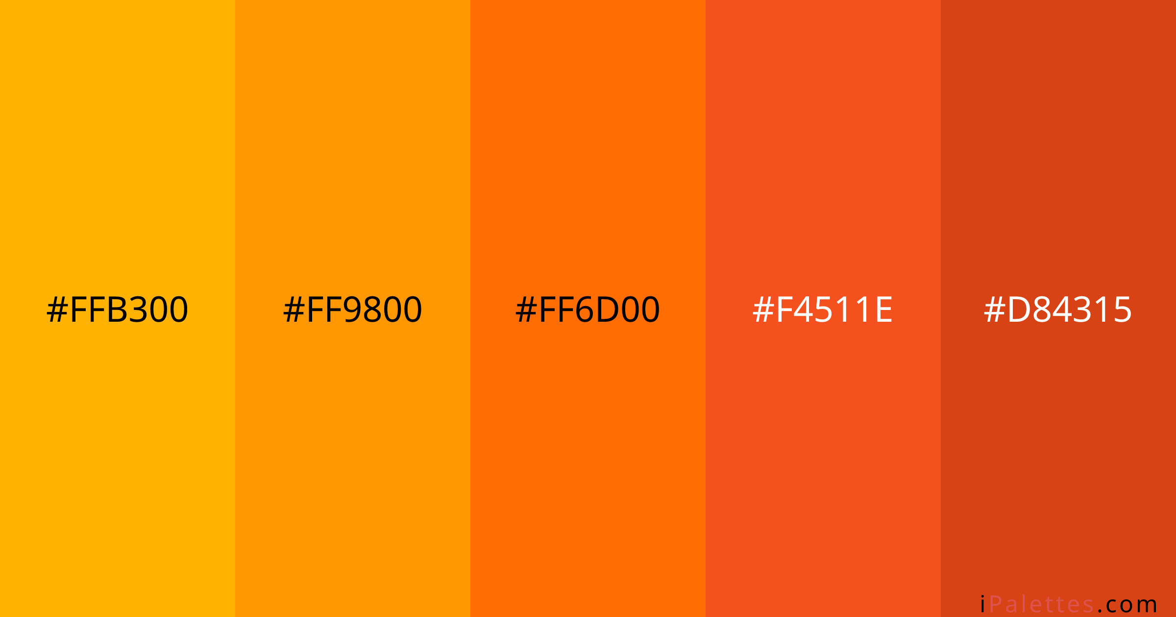 Sunset Color Palette and colors #FFB300 #FF9800 #FF6D00 #F4511E #D84315 ...