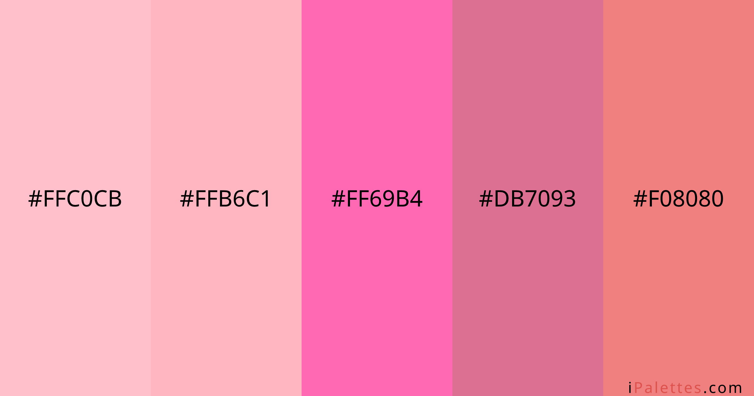 Rose Color Palette and colors #FFC0CB #FFB6C1 #FF69B4 #DB7093 #F08080 ...
