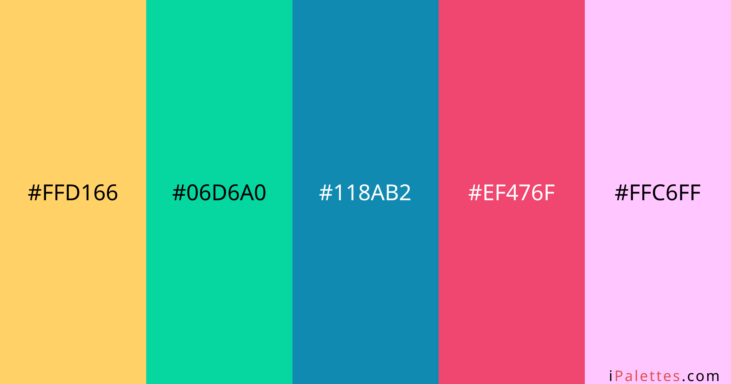 Summer Color Palette and colors #FFD166 #06D6A0 #118AB2 #EF476F #FFC6FF ...