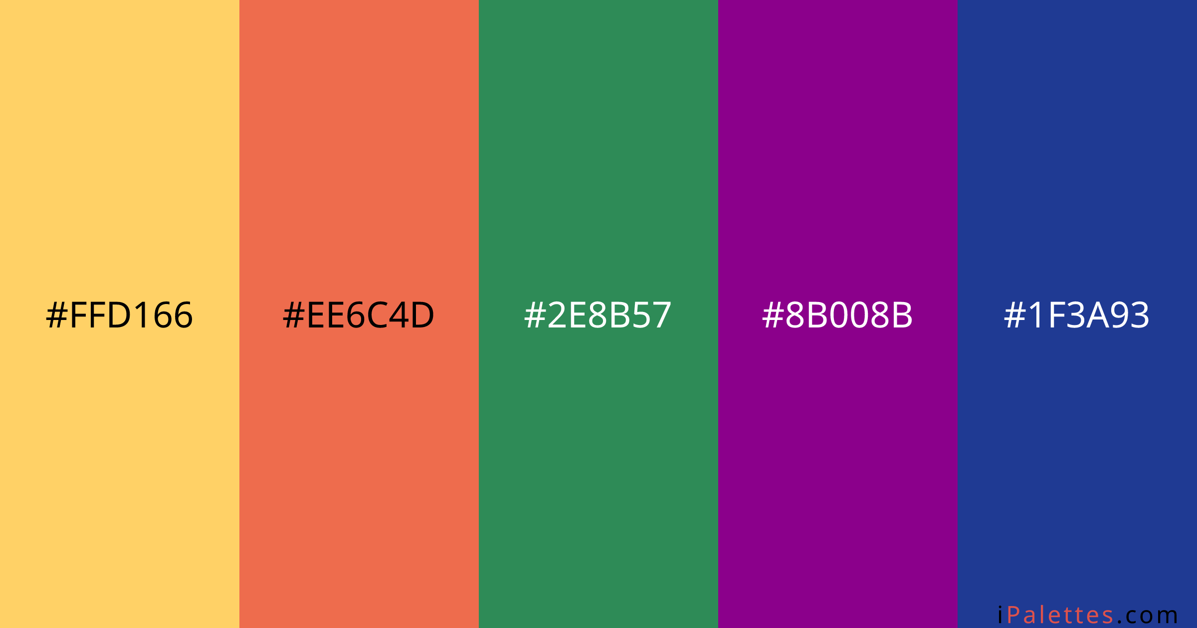 60s Color Palette and colors #FFD166 #EE6C4D #2E8B57 #8B008B #1F3A93 ...