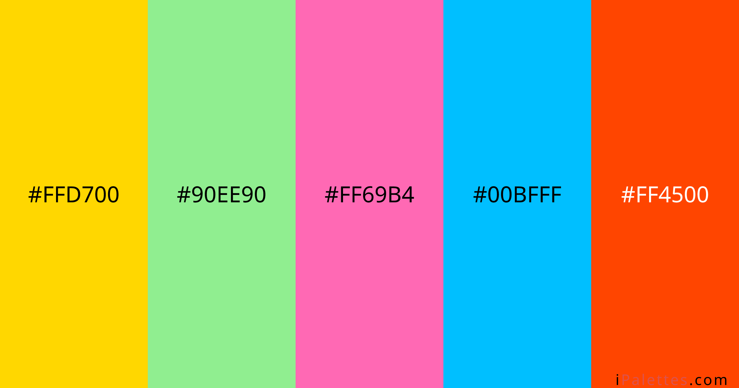 Retro Color Palette and colors #FFD700 #90EE90 #FF69B4 #00BFFF #FF4500 ...