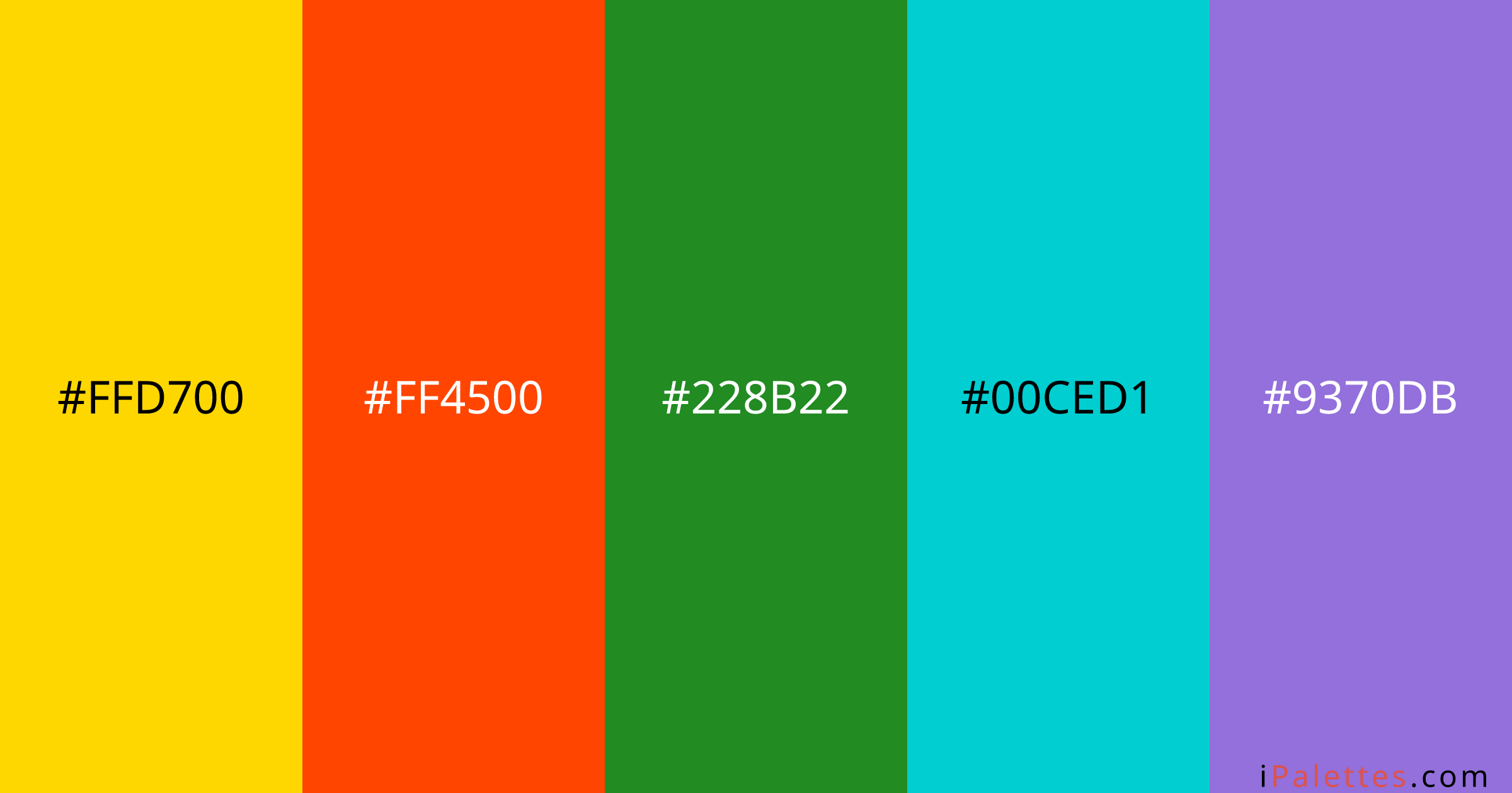 Retro Color Palette and colors #FFD700 #FF4500 #228B22 #00CED1 #9370DB ...