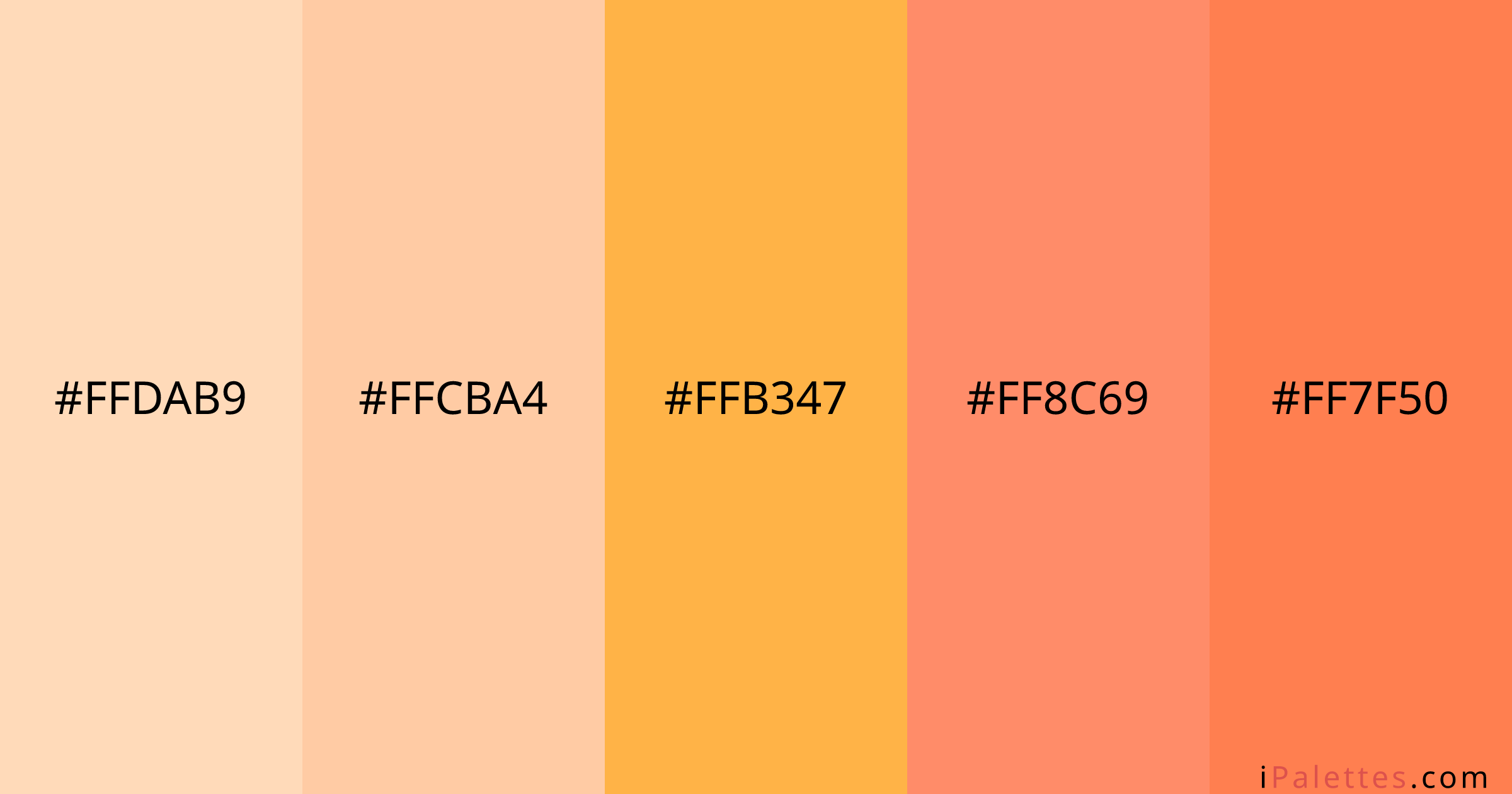 Peach Color Palette and colors #FFDAB9 #FFCBA4 #FFB347 #FF8C69 #FF7F50 ...