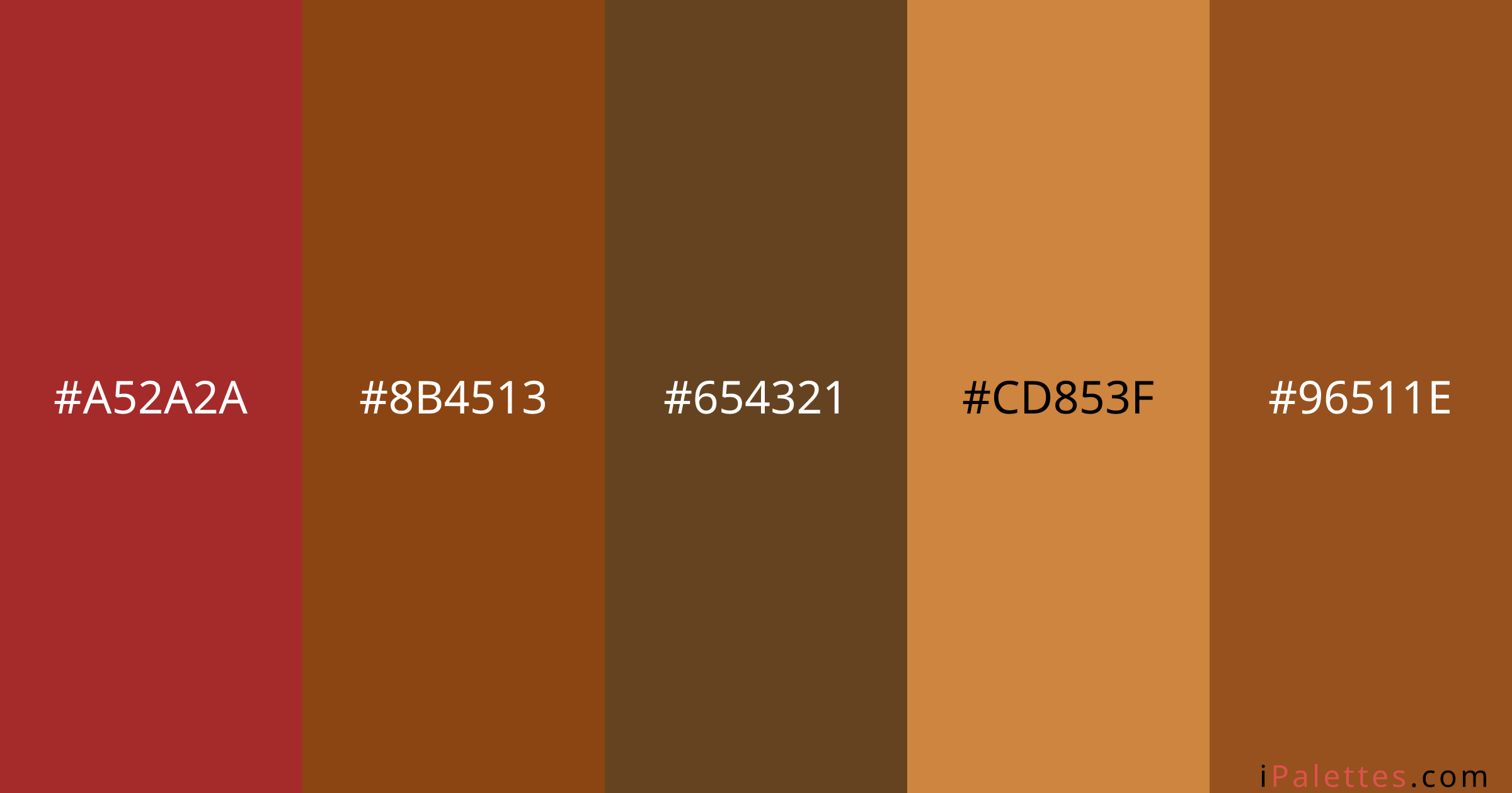 Brown Color Palette and colors #a52a2a #8b4513 #654321 #cd853f #96511e ...