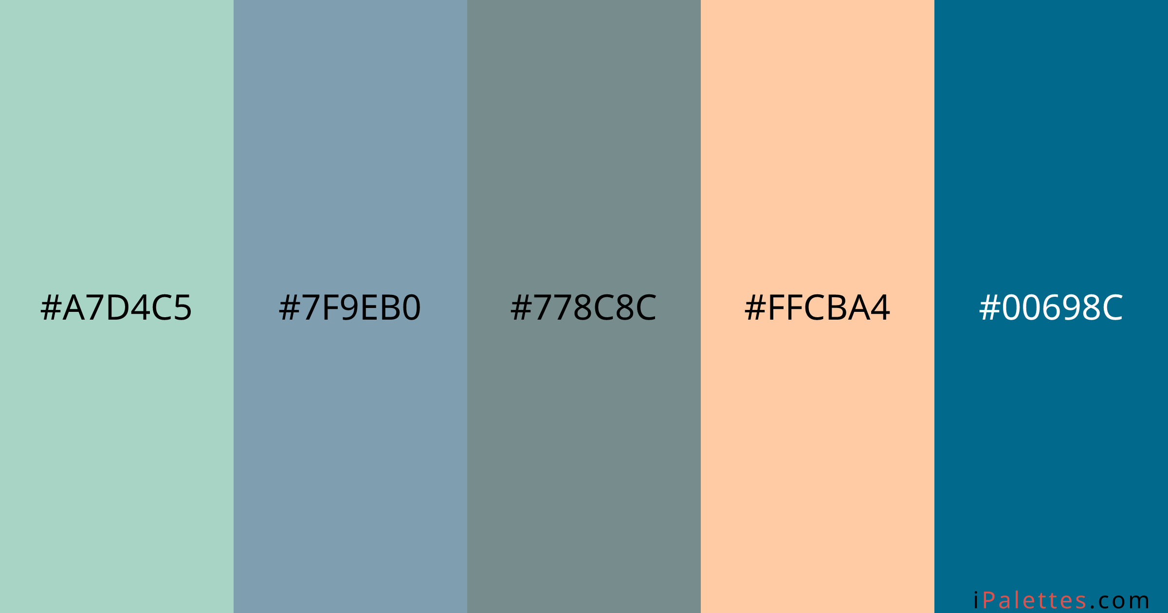 江南百景图配色 Color Palette and colors #a7d4c5 #7f9eb0 #778c8c #ffcba4 ...