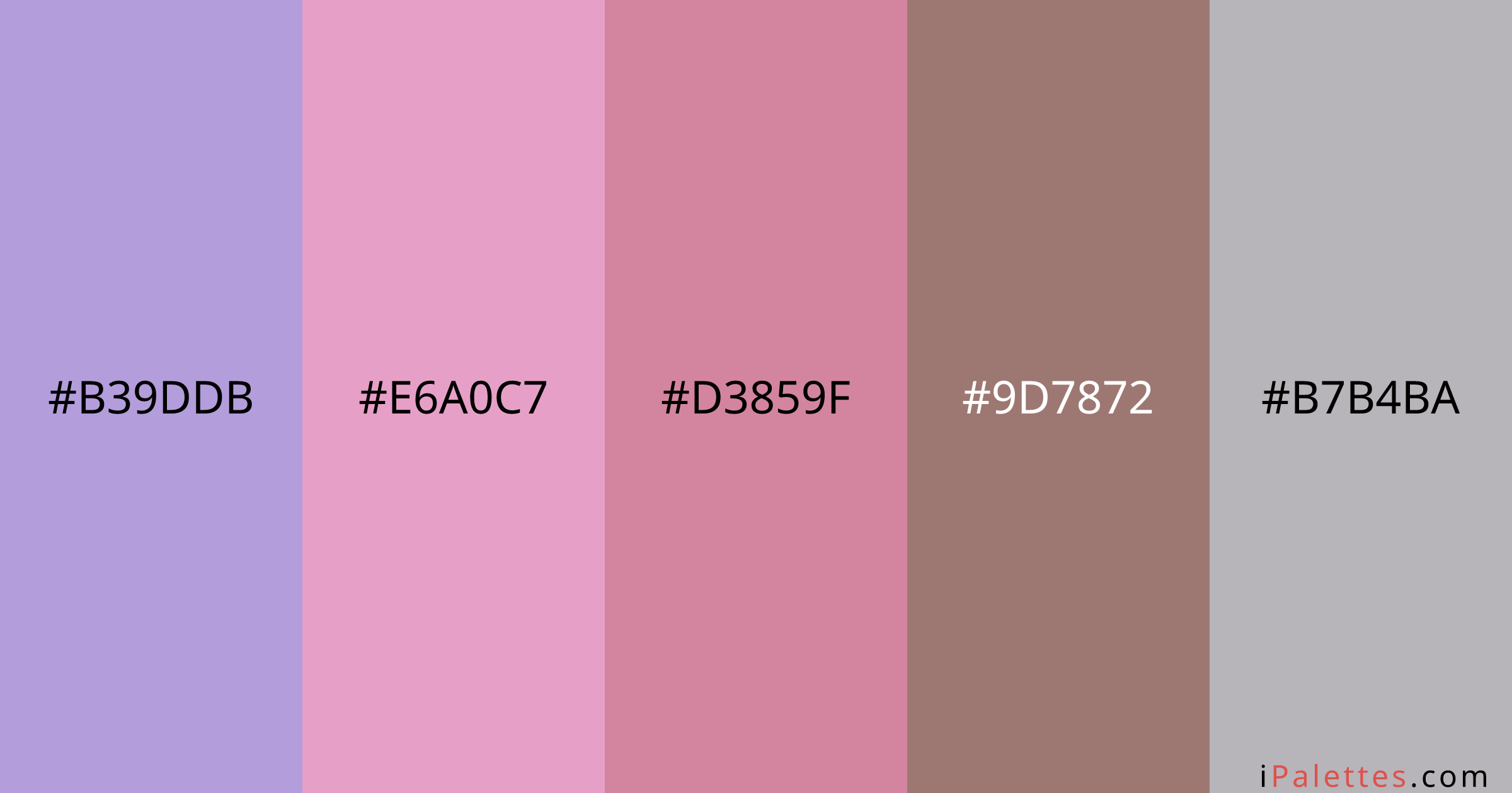 Dusk Color Palette and colors #b39ddb #e6a0c7 #d3859f #9d7872 #b7b4ba ...