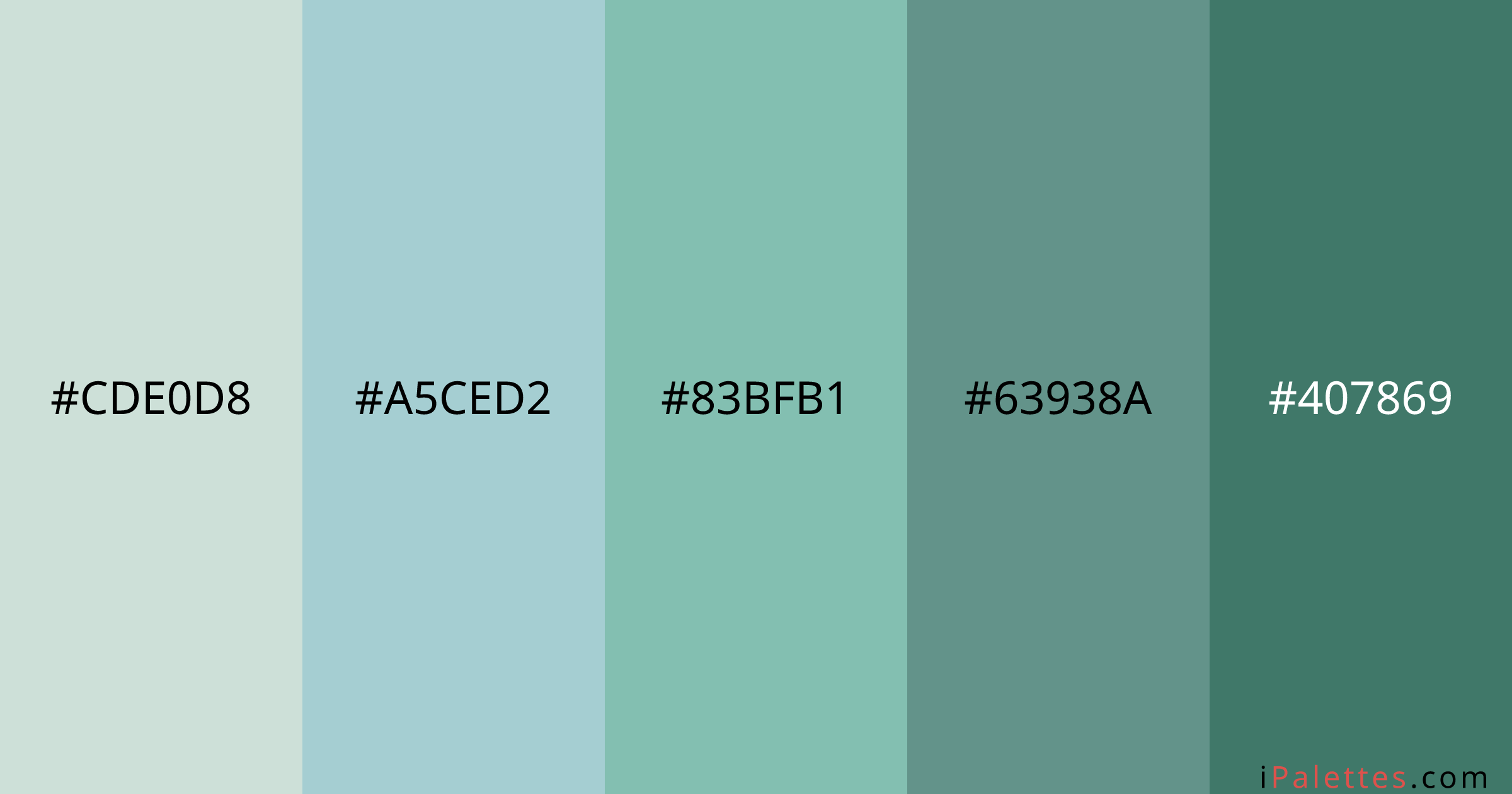 Cool Spring Color Palette and colors #cde0d8 #a5ced2 #83bfb1 #63938a ...