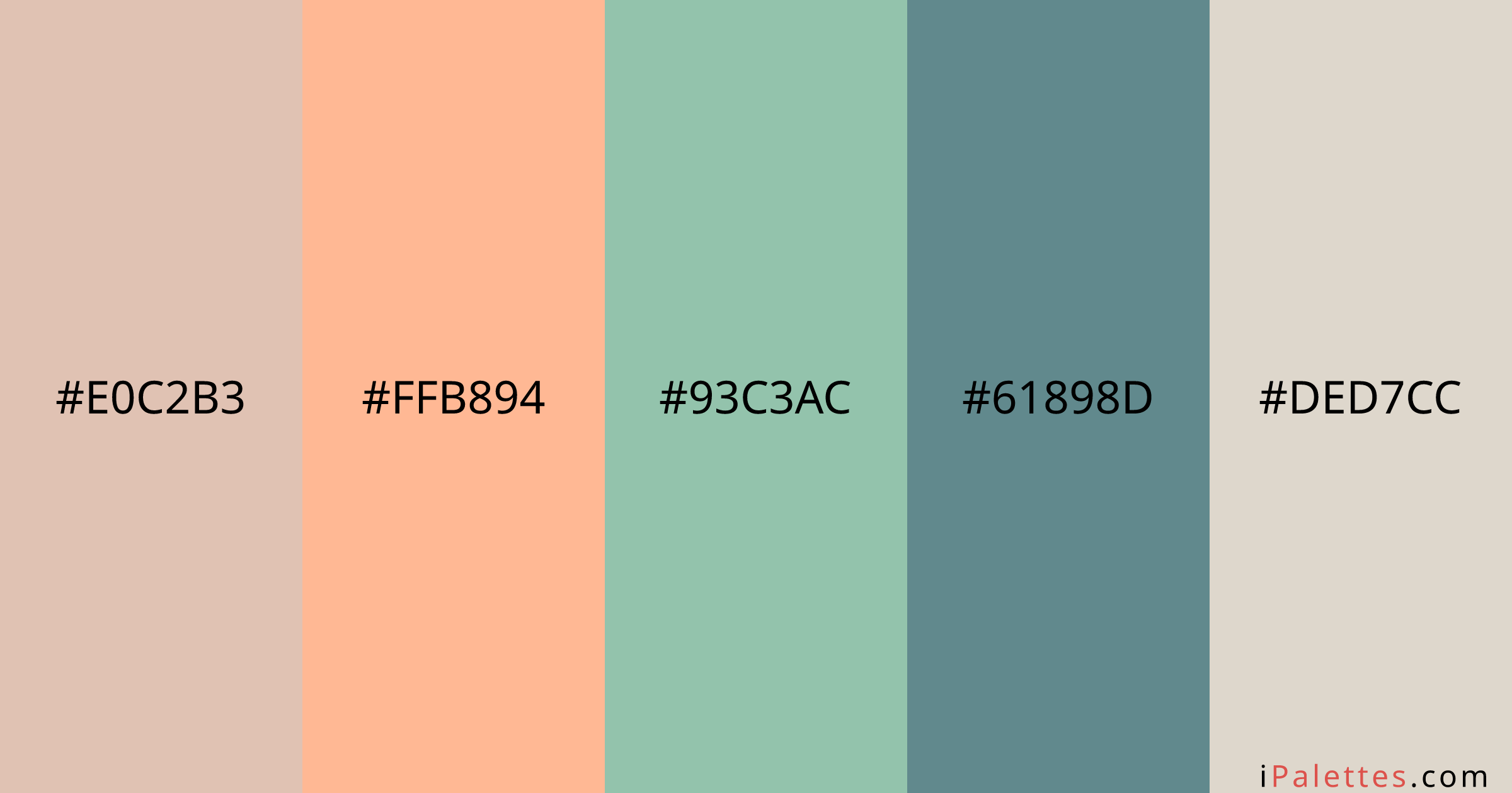 Abbie from fpe Color Palette and colors #e0c2b3 #ffb894 #93c3ac #61898d ...