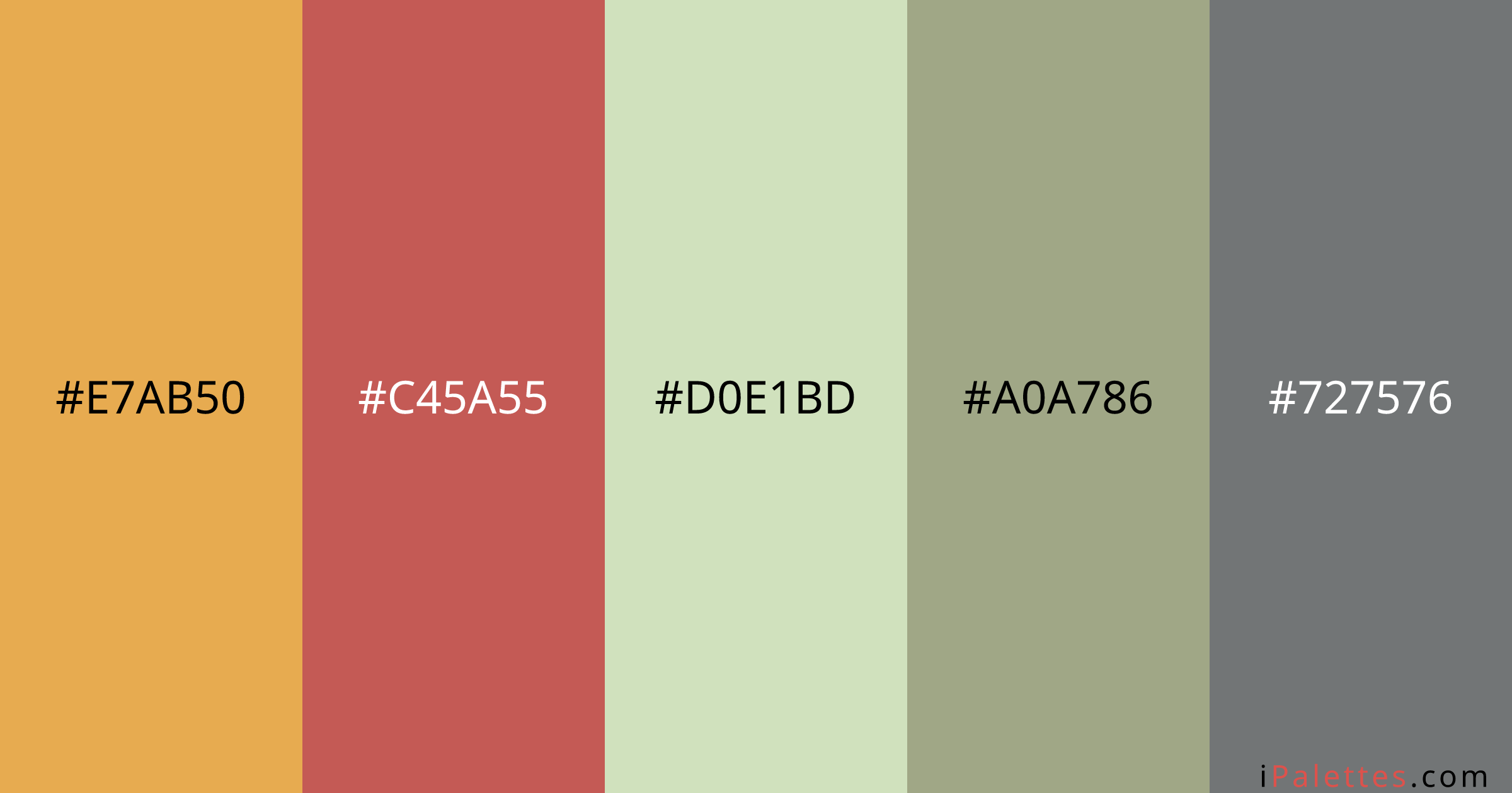 Mandala Color Palette and colors #e7ab50 #c45a55 #d0e1bd #a0a786 ...