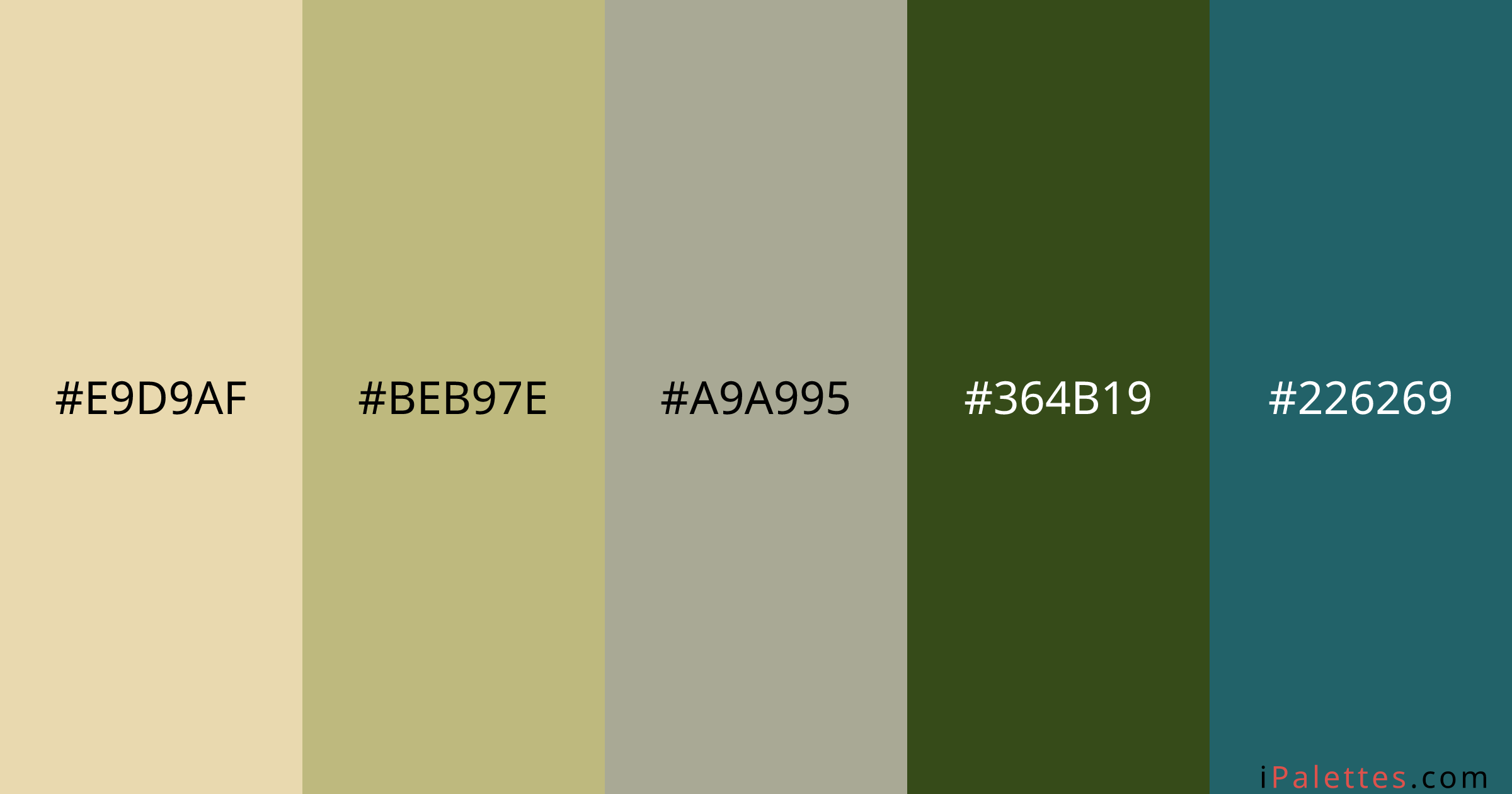 Ghibli style Color Palette and colors #e9d9af #beb97e #a9a995 #364b19 ...