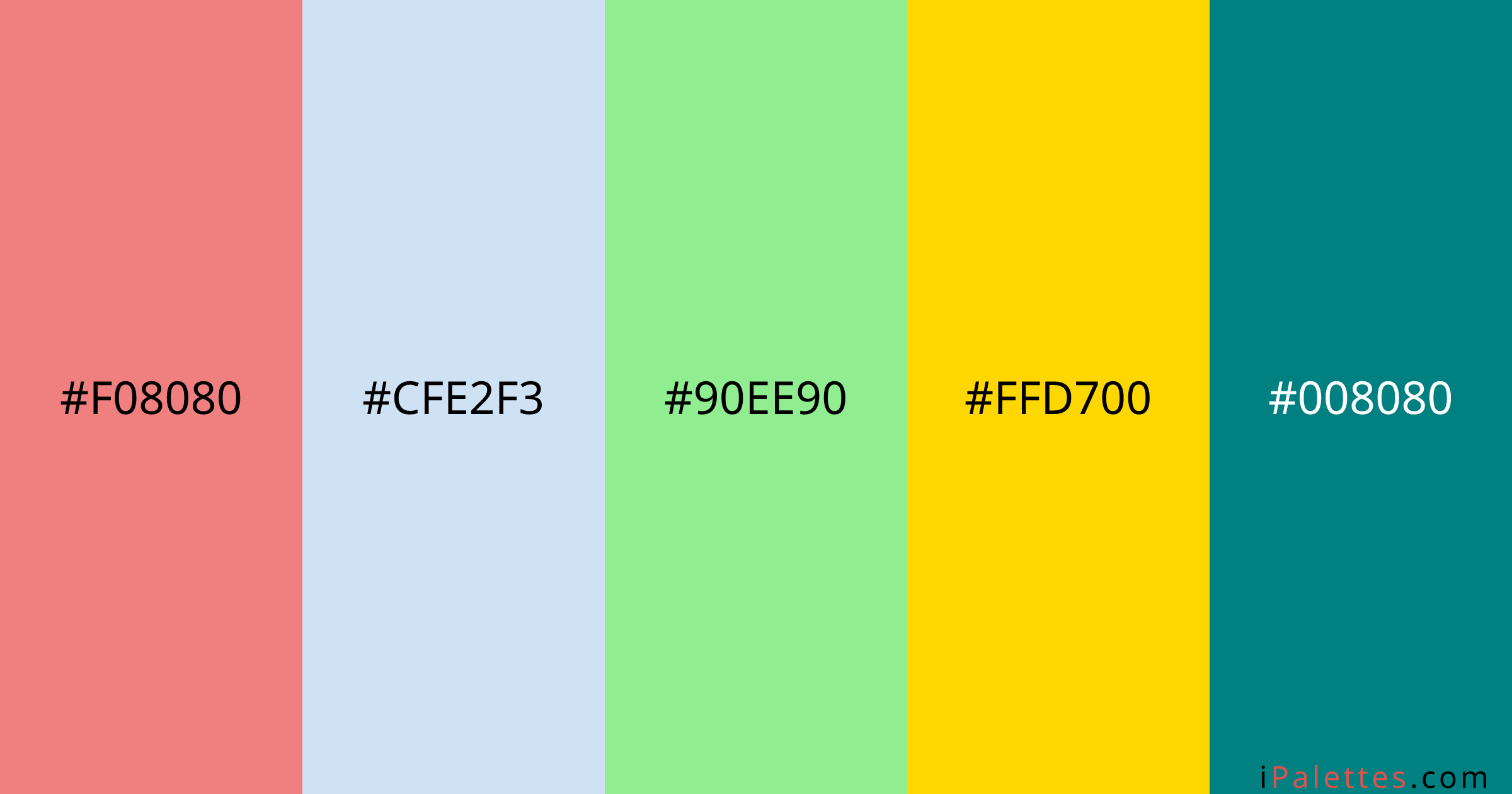 Food Color Palette and colors #f08080 #cfe2f3 #90ee90 #ffd700 #008080 ...