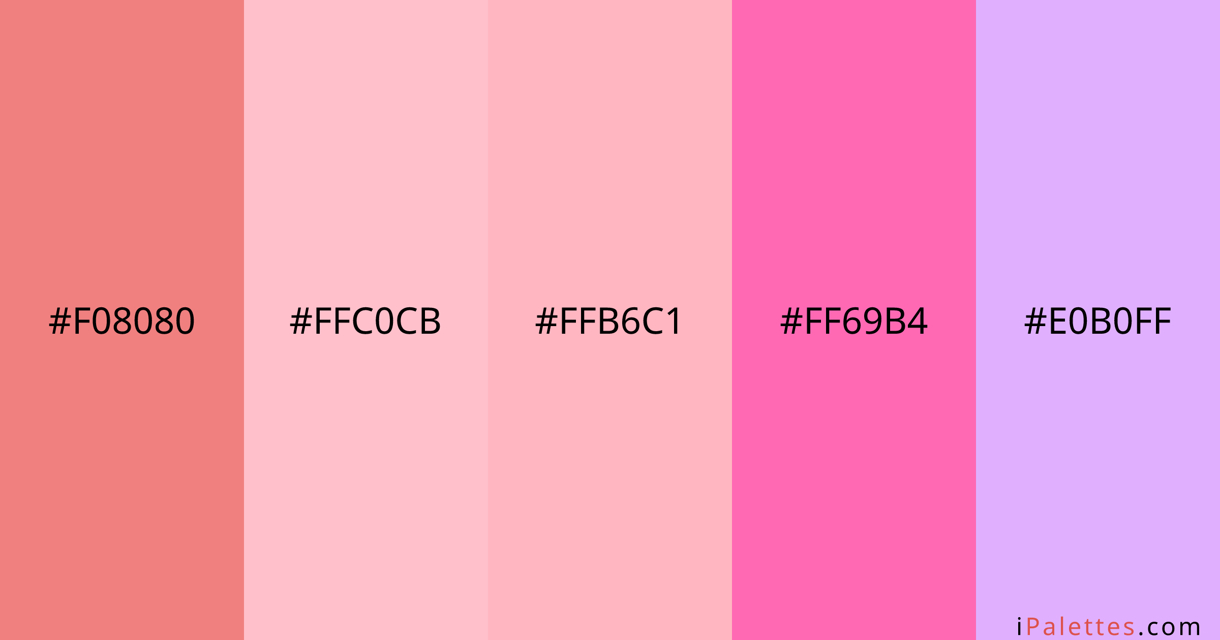 Pinkie Color Palette and colors #f08080 #ffc0cb #ffb6c1 #ff69b4 #e0b0ff ...