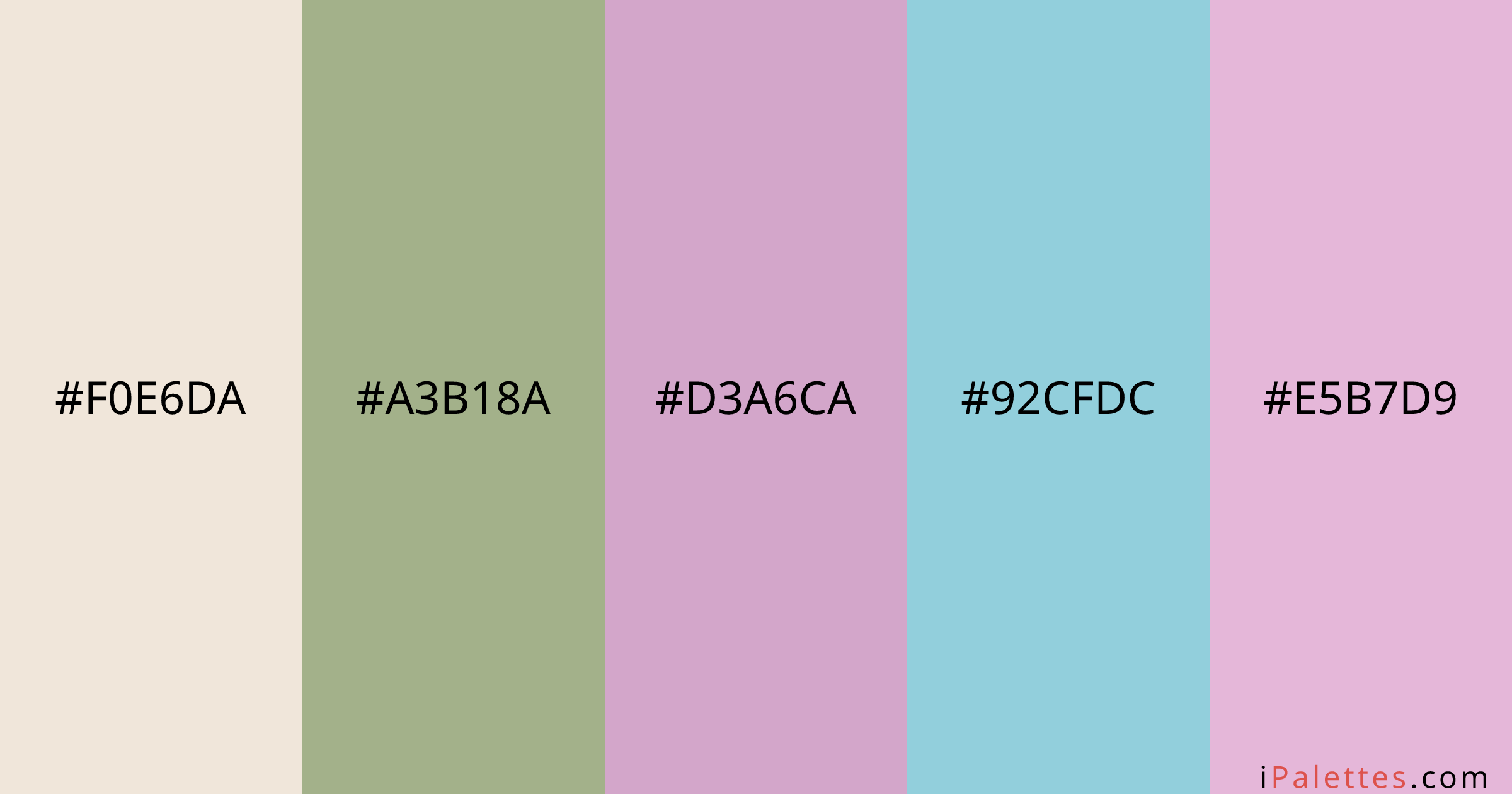 Camille Color Palette and colors #f0e6da #a3b18a #d3a6ca #92cfdc # ...