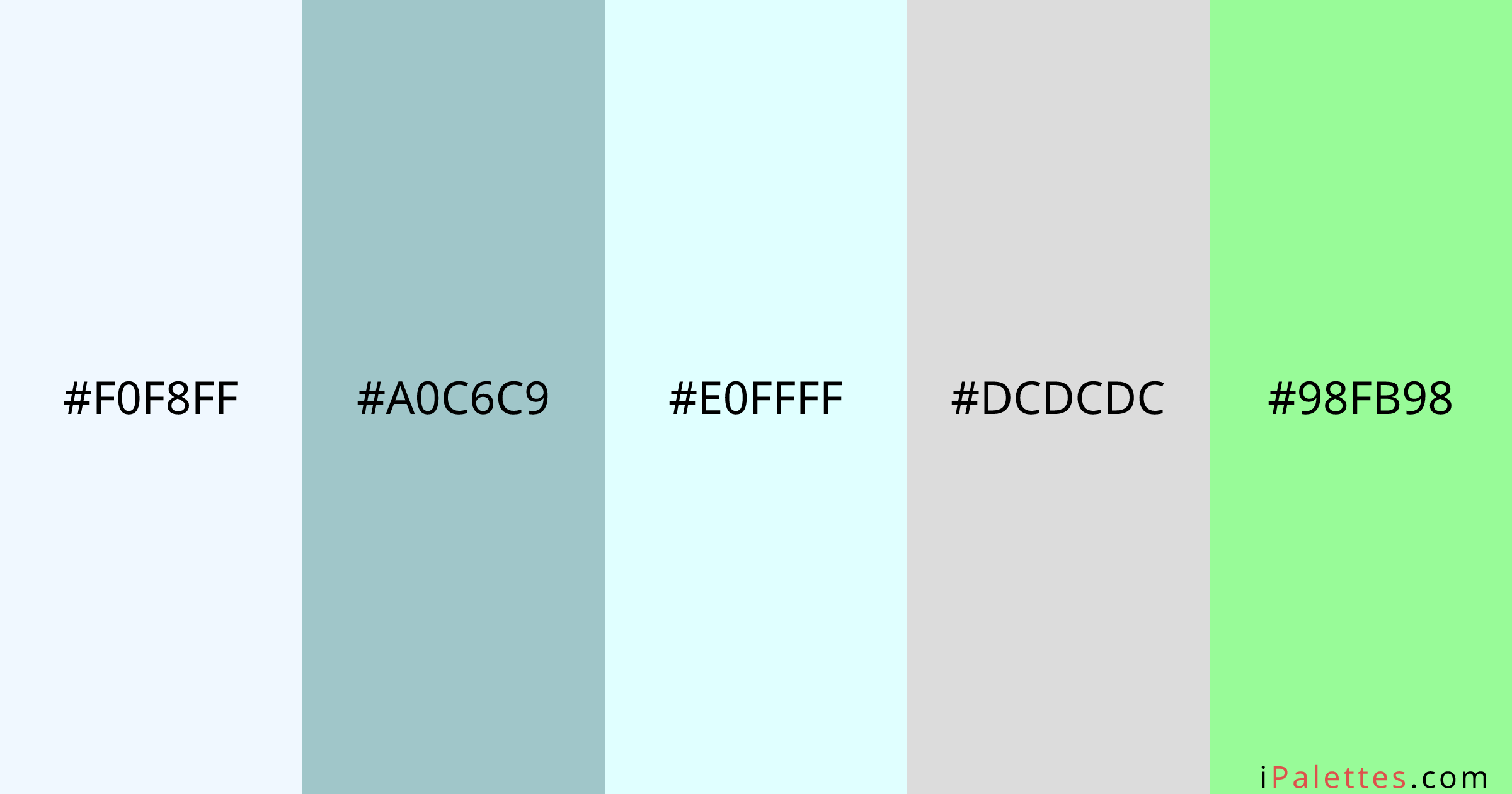 Shelly Color Palette and colors #f0f8ff #a0c6c9 #e0ffff #dcdcdc #98fb98 ...