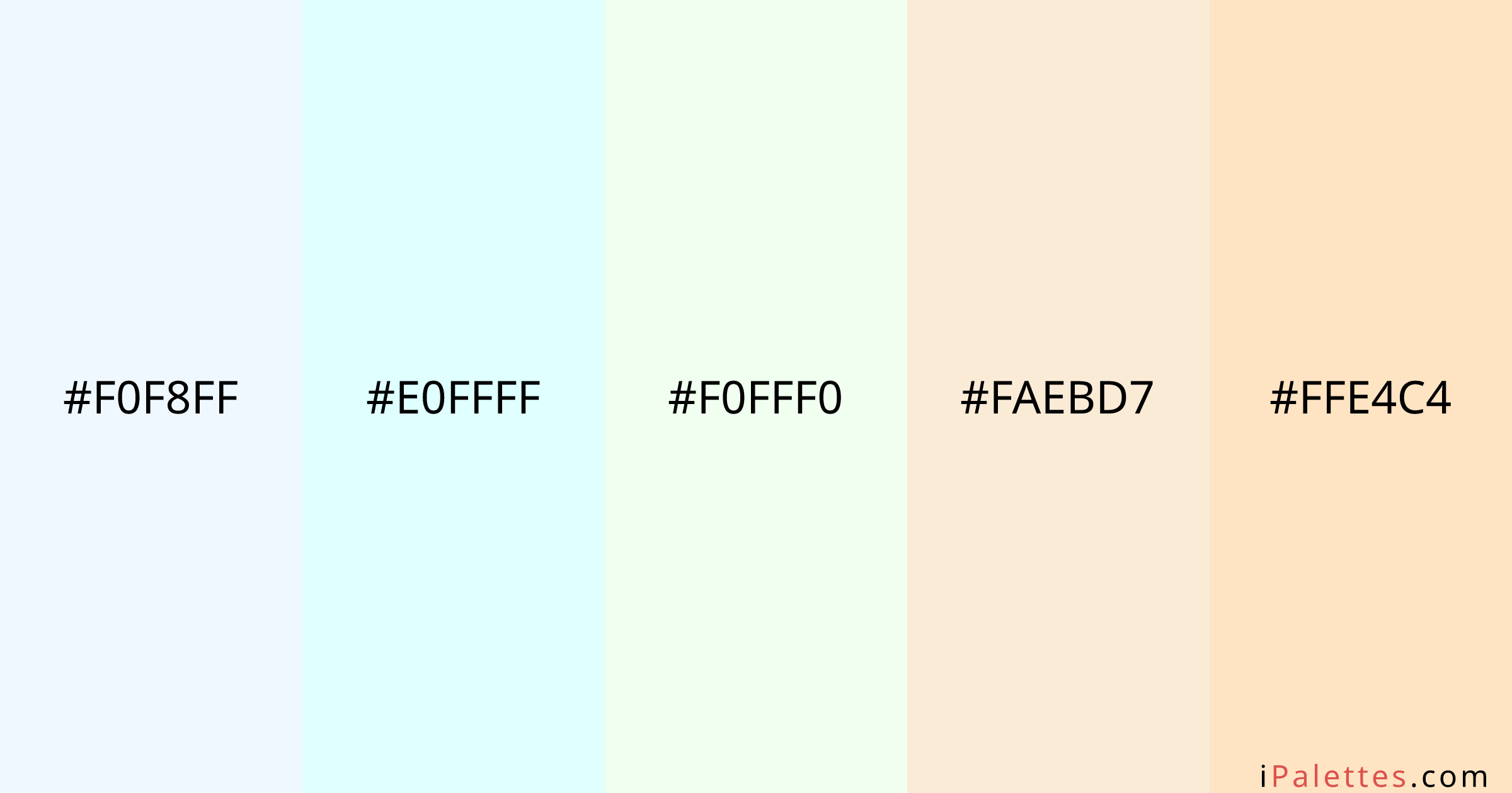 Pastel Color Palette and colors #f0f8ff #e0ffff #f0fff0 #faebd7 #ffe4c4 ...