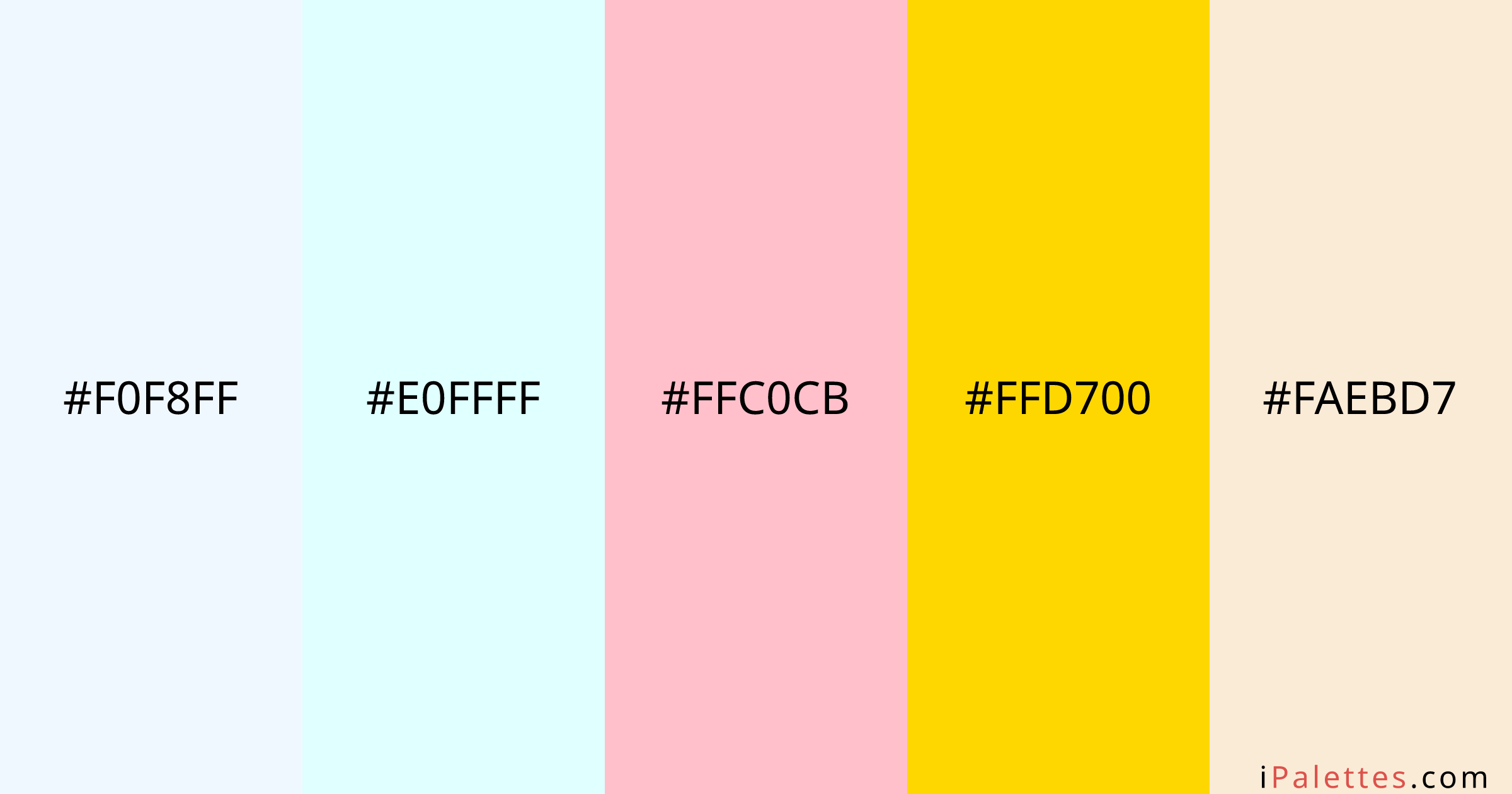 少女粉 Color Palette and colors #f0f8ff #e0ffff #ffc0cb #ffd700 #faebd7 ...