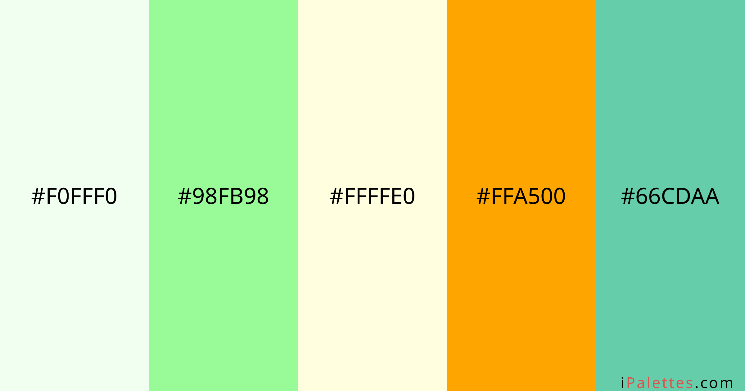Spring Color Palette and colors #f0fff0 #98fb98 #ffffe0 #ffa500 #66cdaa ...
