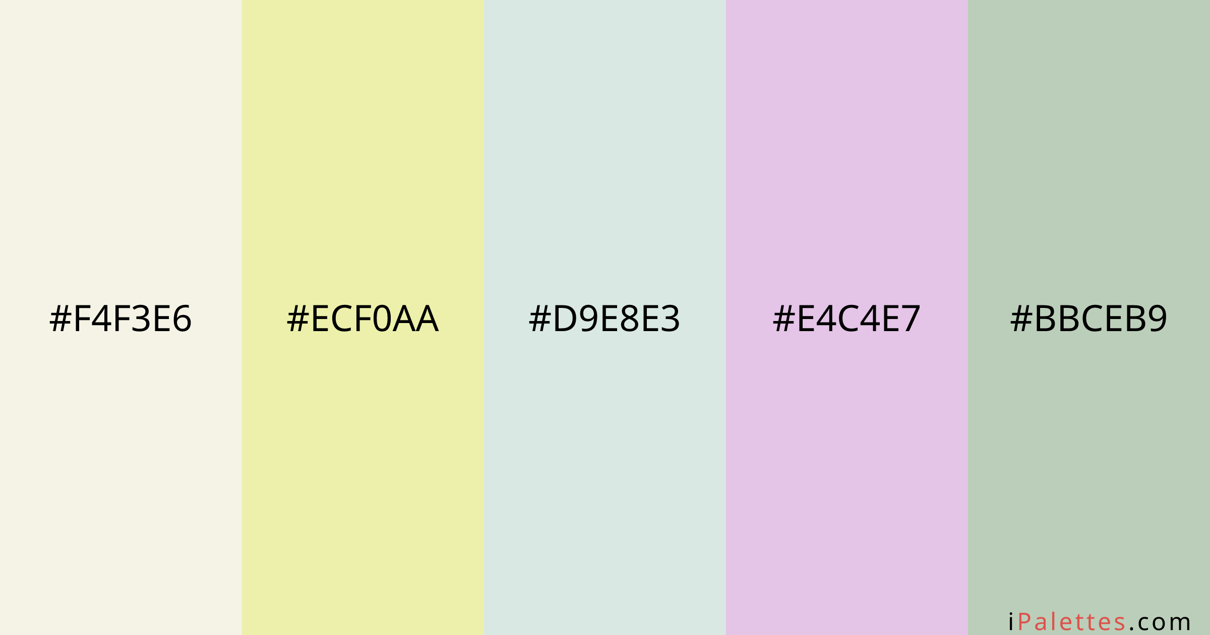 Mari Color Palette and colors #f4f3e6 #ecf0aa #d9e8e3 #e4c4e7 #bbceb9 ...