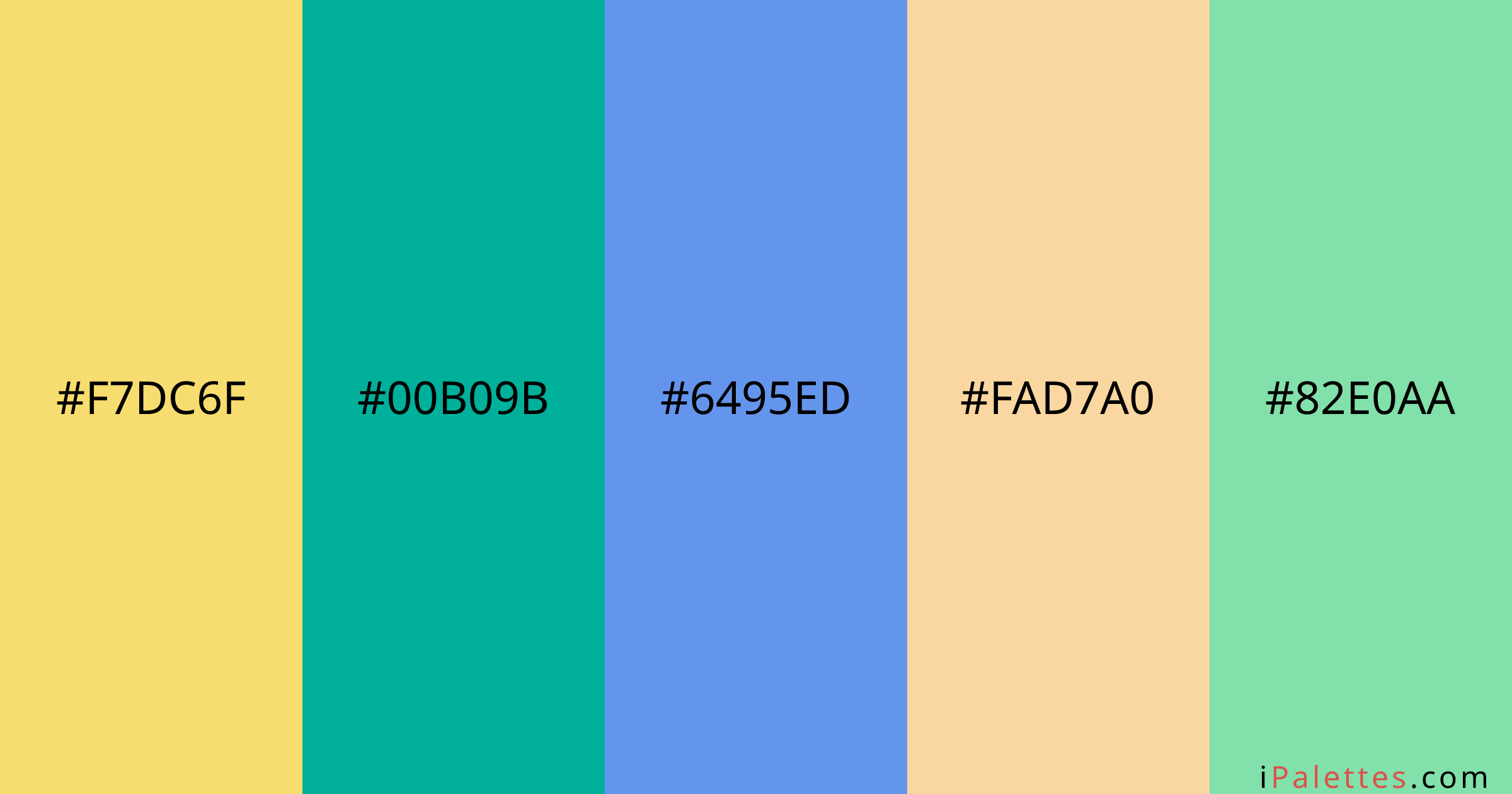 Summer Color Palette and colors #f7dc6f #00b09b #6495ed #fad7a0 #82e0aa ...