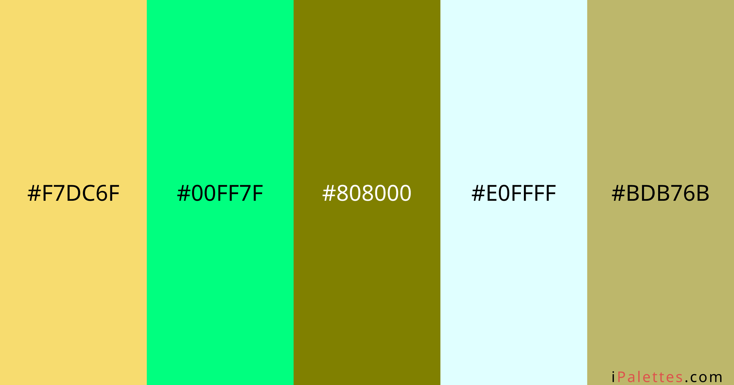 Summer Color Palette and colors #f7dc6f #00ff7f #808000 #e0ffff #bdb76b ...