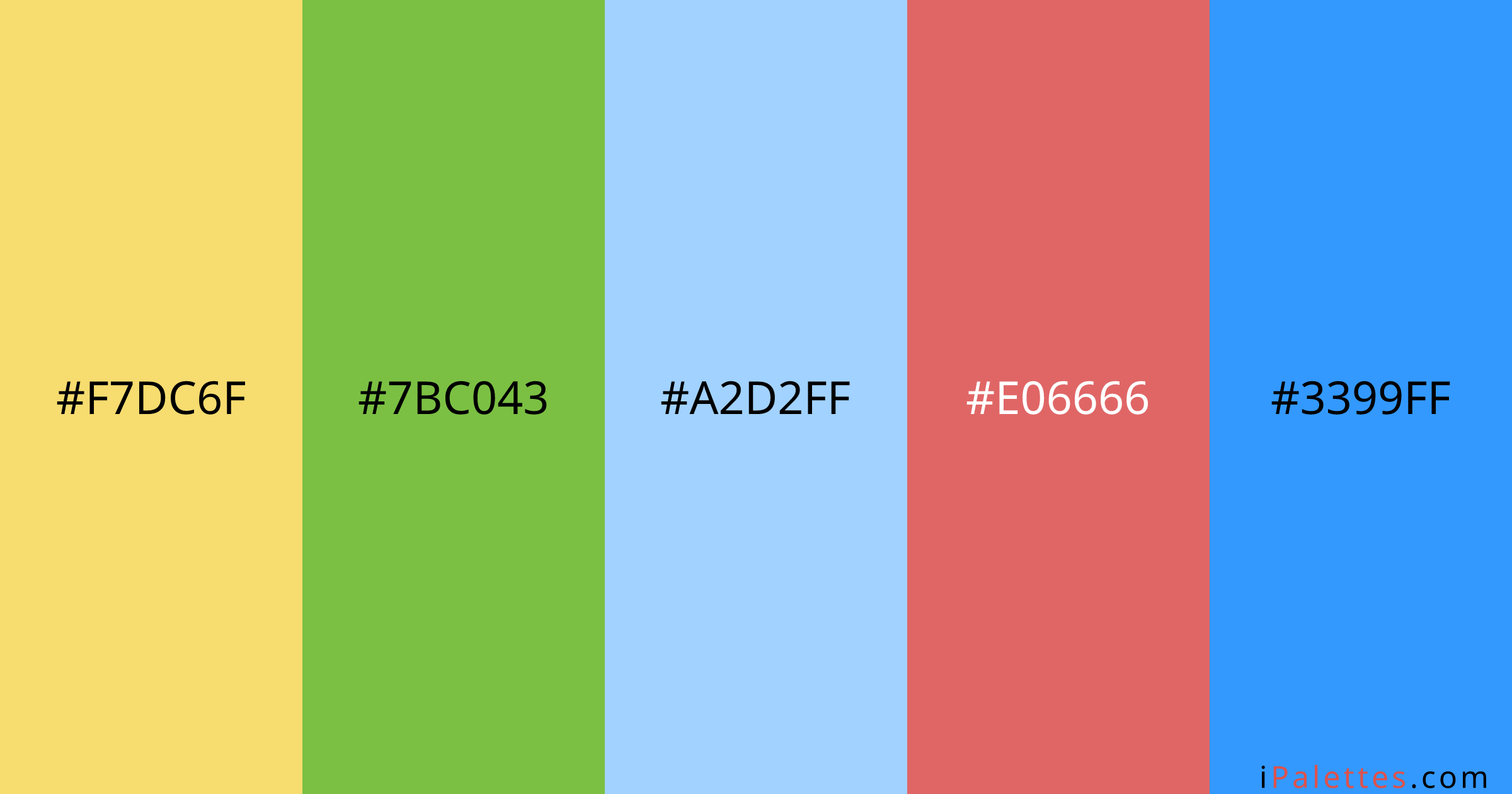 Summer Color Palette and colors #f7dc6f #7bc043 #a2d2ff #e06666 #3399ff ...