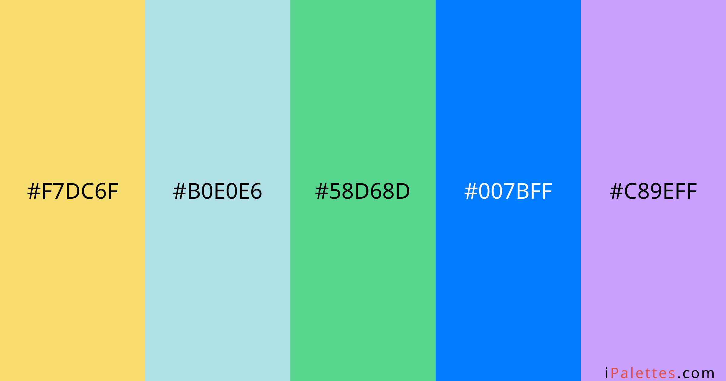 Summer Color Palette and colors #f7dc6f #b0e0e6 #58d68d #007bff #c89eff ...